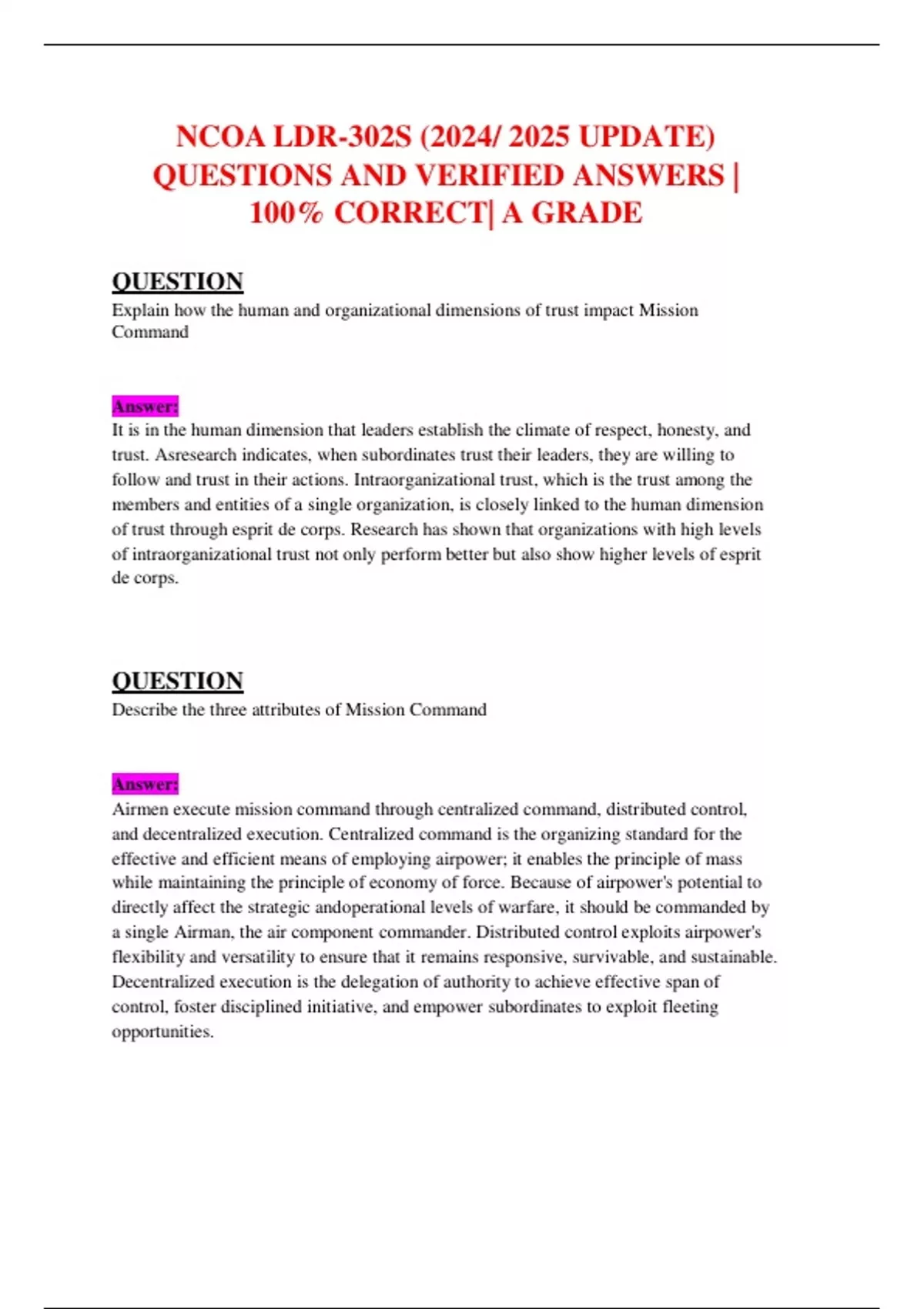 NCOA LDR-302S (2024 /2025 UPDATE) QUESTIONS AND VERIFIED ANSWERS 100% ...