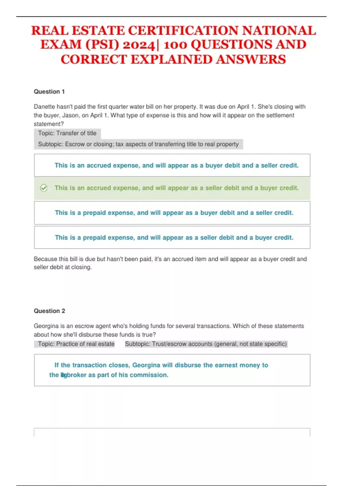 REAL ESTATE CERTIFICATION NATIONAL EXAM (PSI) 2024| 100 QUESTIONS AND ...