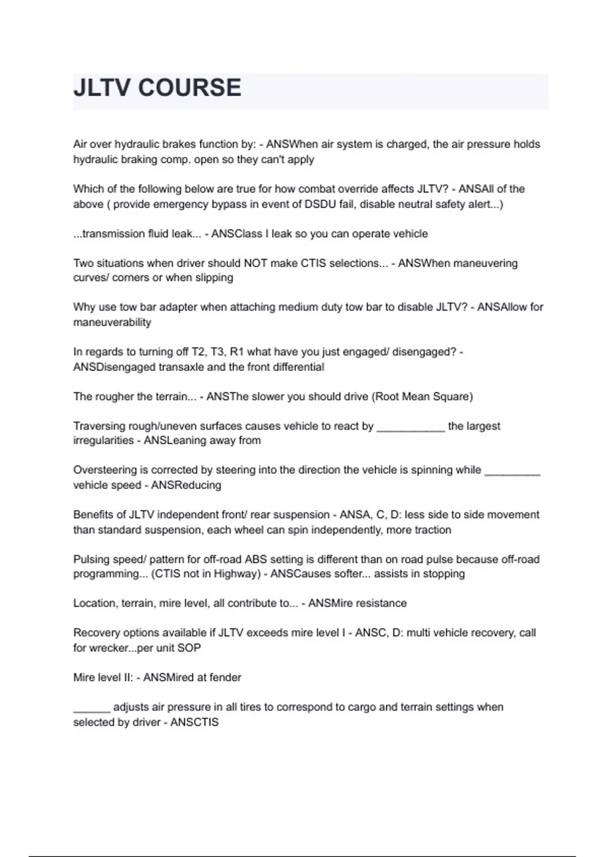 JLTV COURSE questions and answers A+ score assured 2024/2025 - JLTV ...