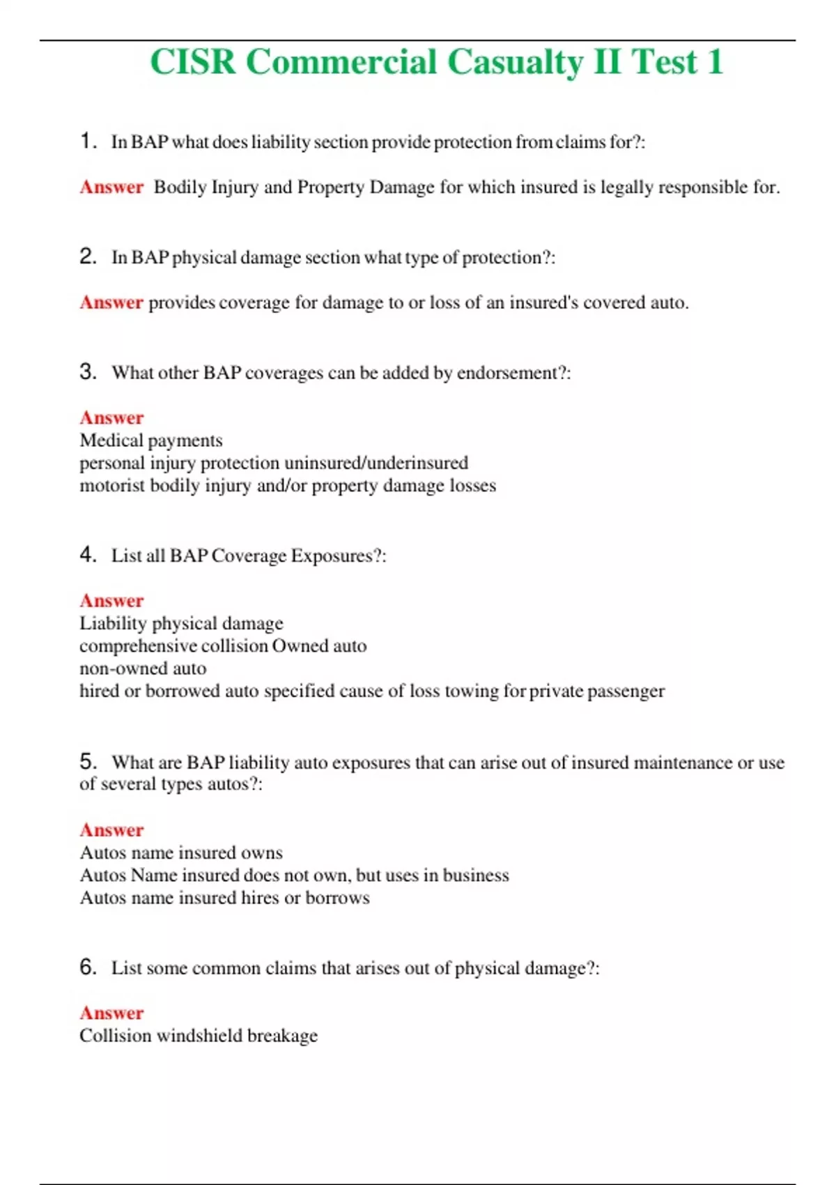CISR Commercial Casualty II Test 1 (Latest 2024) Questions With ...