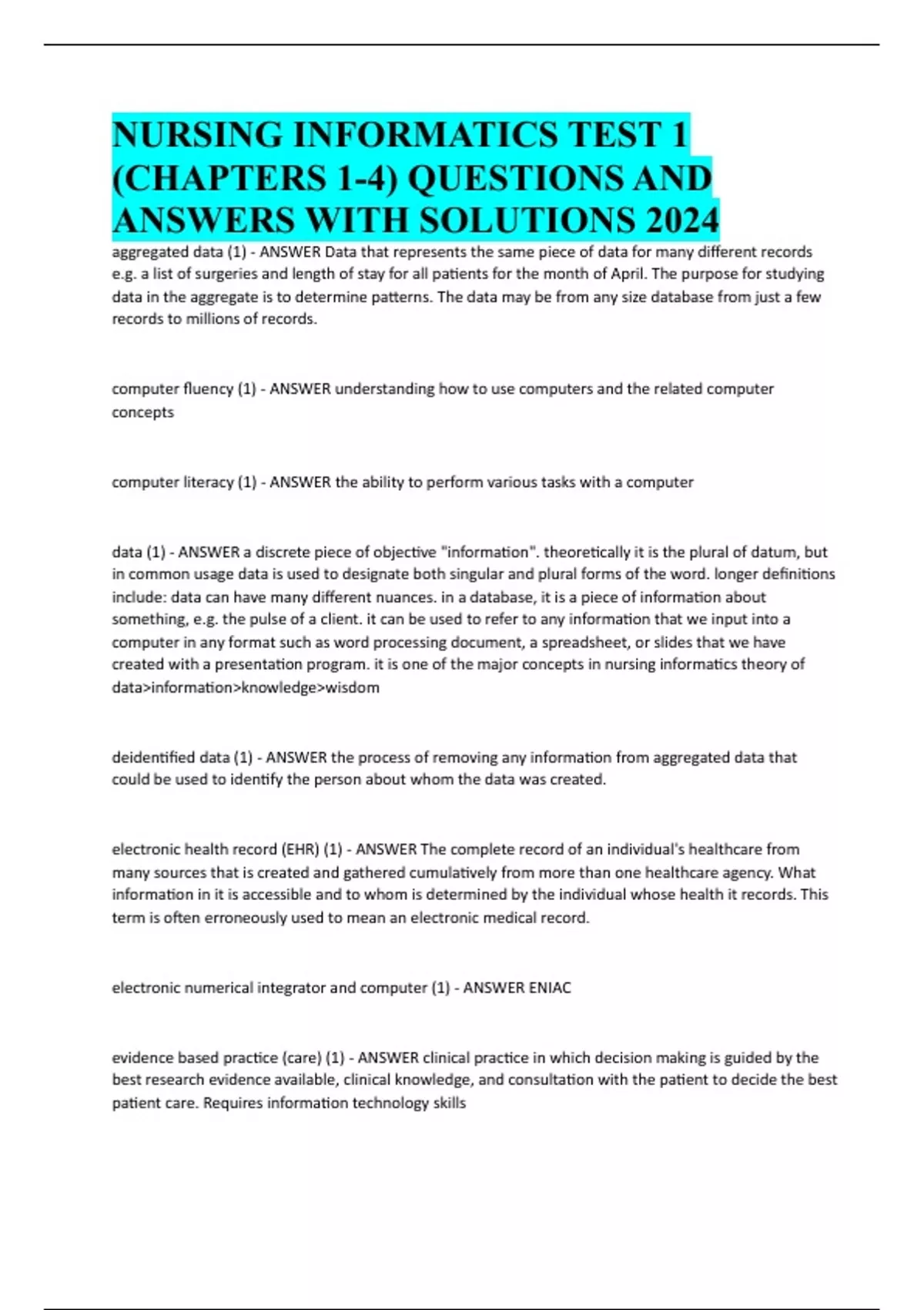 Nursing Informatics Test 1 Chapters 1 4 Questions And Answers With Solutions 2024 Nursing