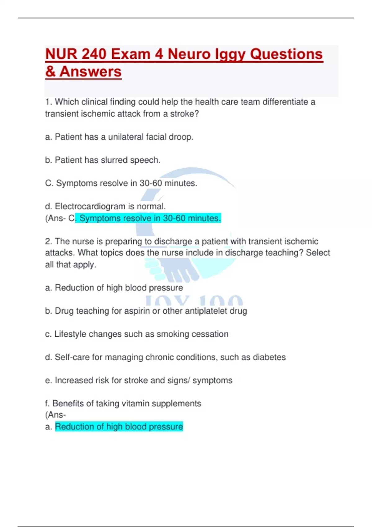 Exam 4:NUR 240 Exam 4: Neuro Iggy Questions & Answers: Latest Updated ...