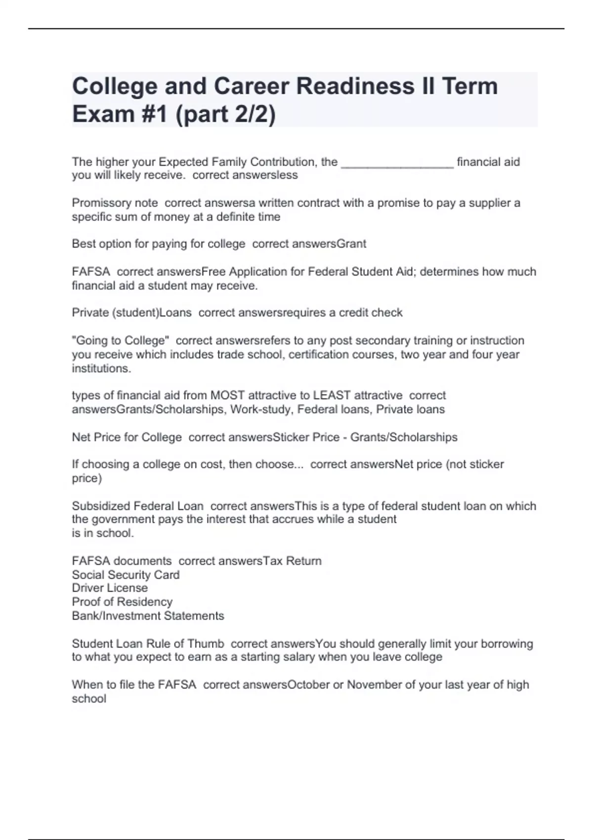 College and Career Readiness II Term Exam with 100% correct answers ...