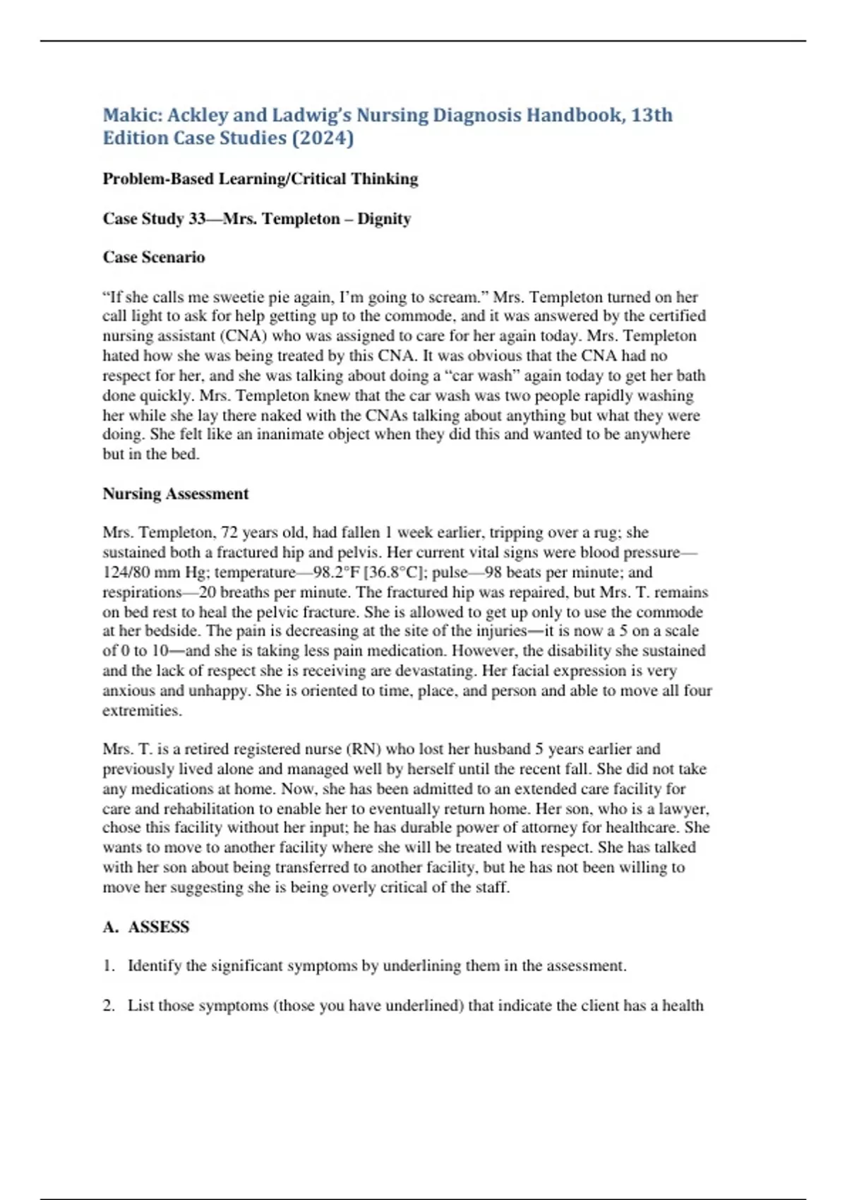 Case Study 33—Mrs. Templeton – Dignity With Answers Problem-Based Learning/Critical Thinking ...