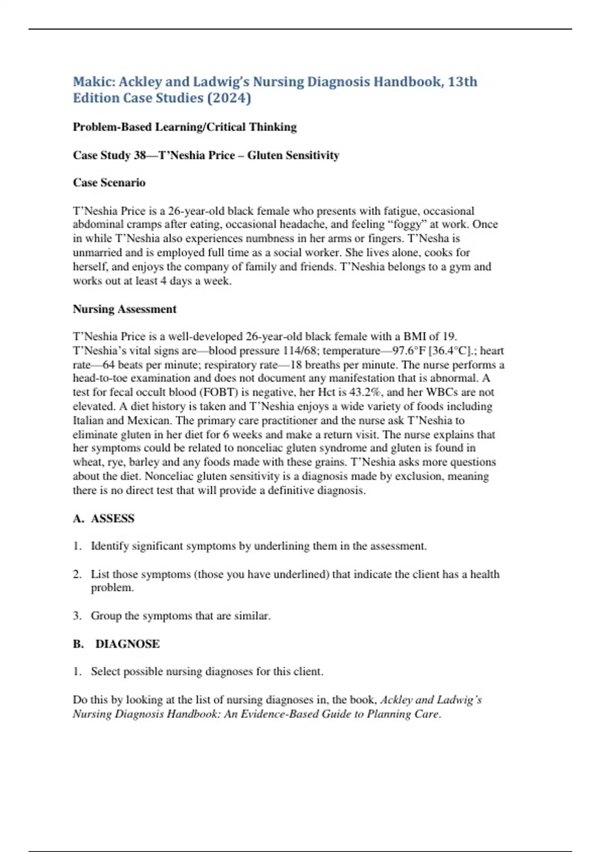 Case Study 38—T’Neshia Price – Gluten Sensitivity With Answers Problem ...
