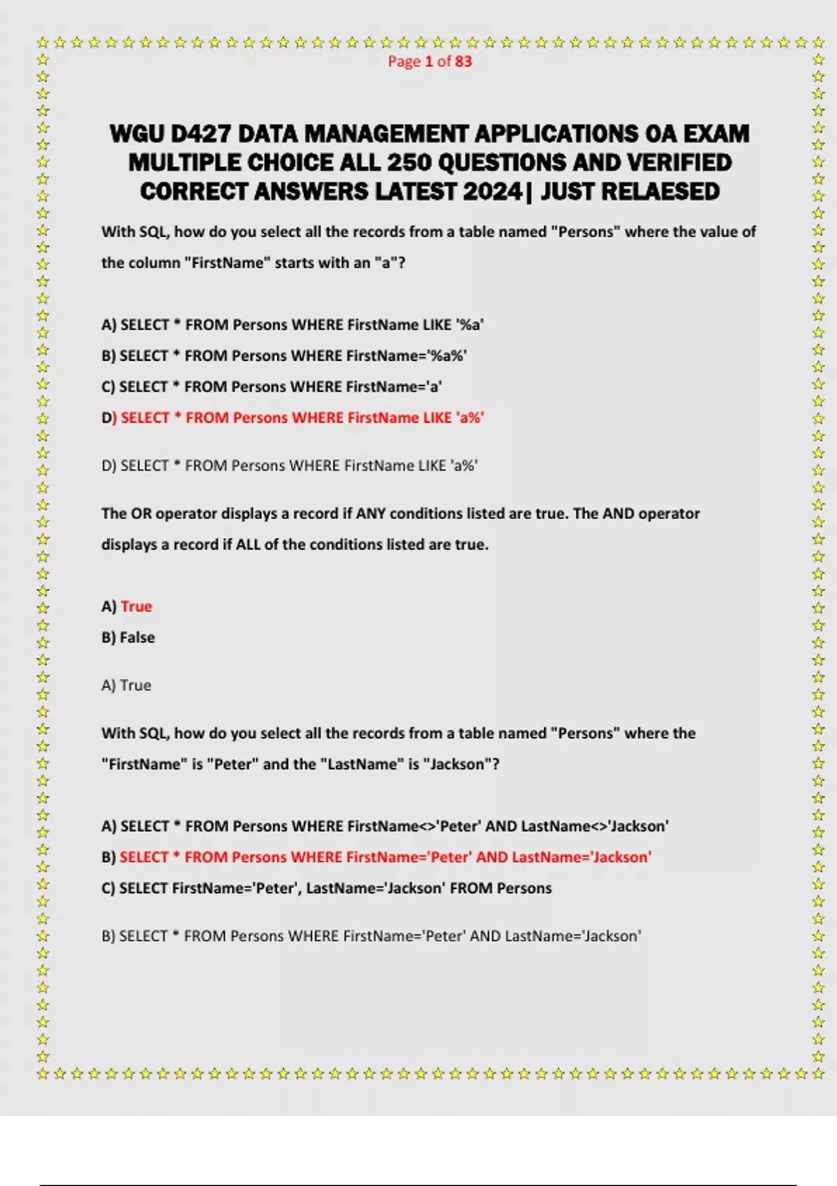 WGU D427 DATA MANAGEMENT APPLICATIONS OA FINAL EXAM MULTIPLE CHOICE & QUERY BASED QUESTIONS ALL ...