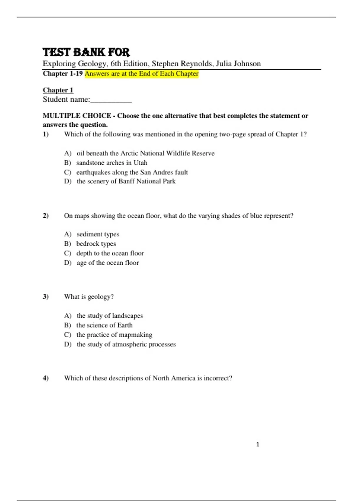 Test Bank For Exploring Geology, 6th Edition by Stephen Reynolds, Julia ...