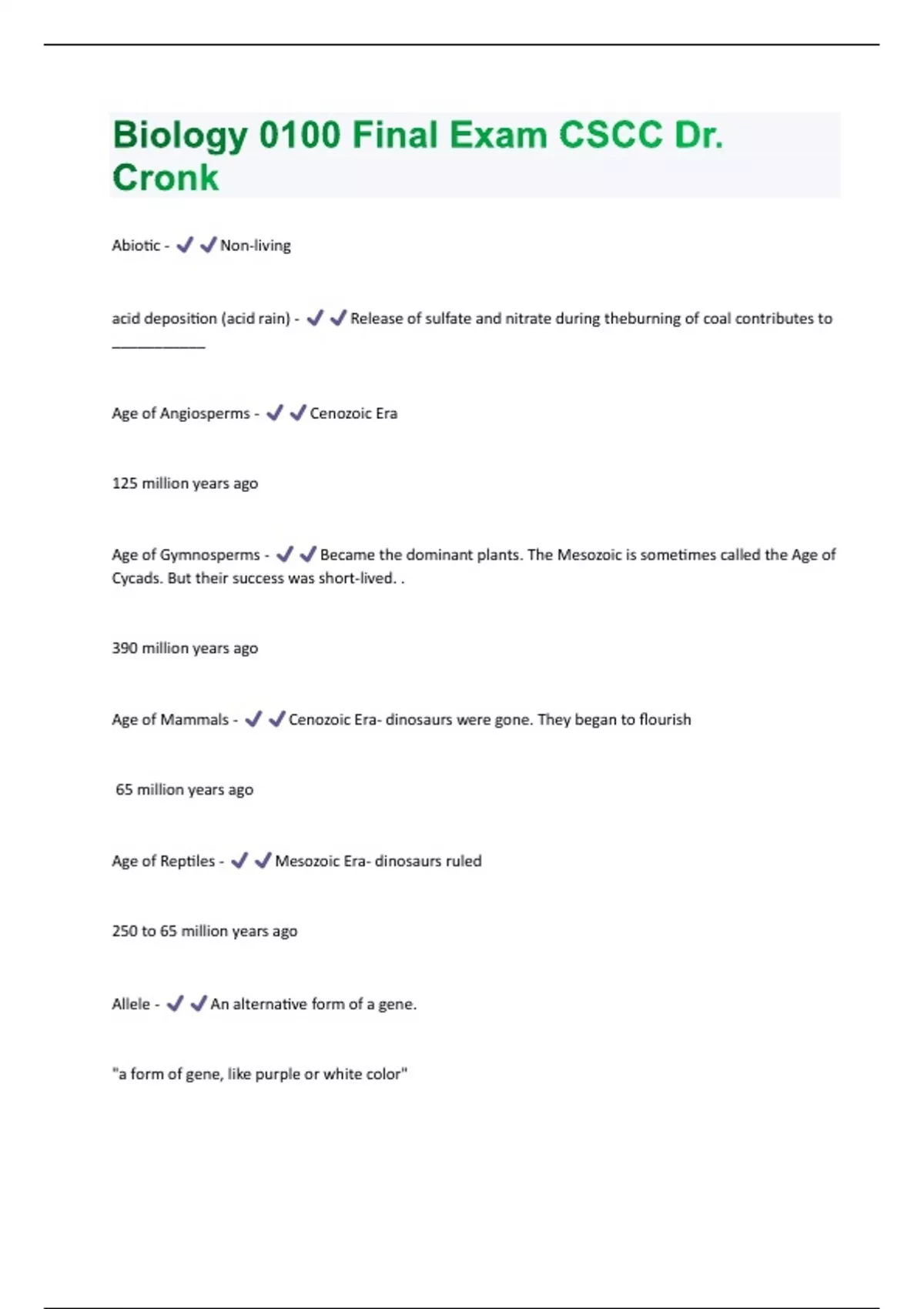 Biology 0100 Final Exam CSCC Dr. Cronk Questions And Answers Rated A+ - Biology 0100 CSCC Dr ...