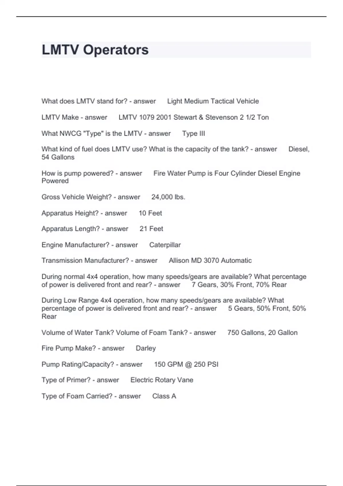 LMTV Operators Questions with solutions 2024 - JLTV - Stuvia US