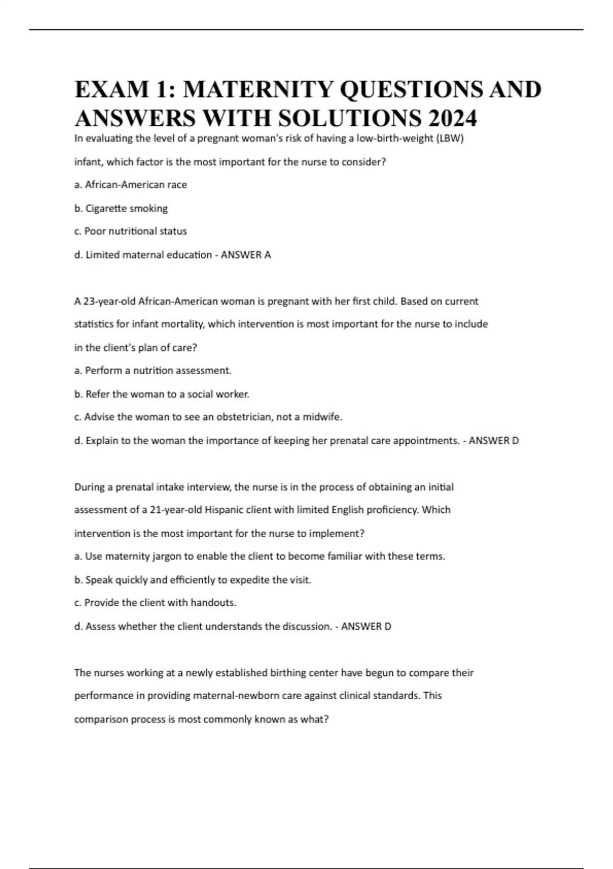 EXAM 1: MATERNITY QUESTIONS AND ANSWERS WITH SOLUTIONS 2024 - Maternity ...
