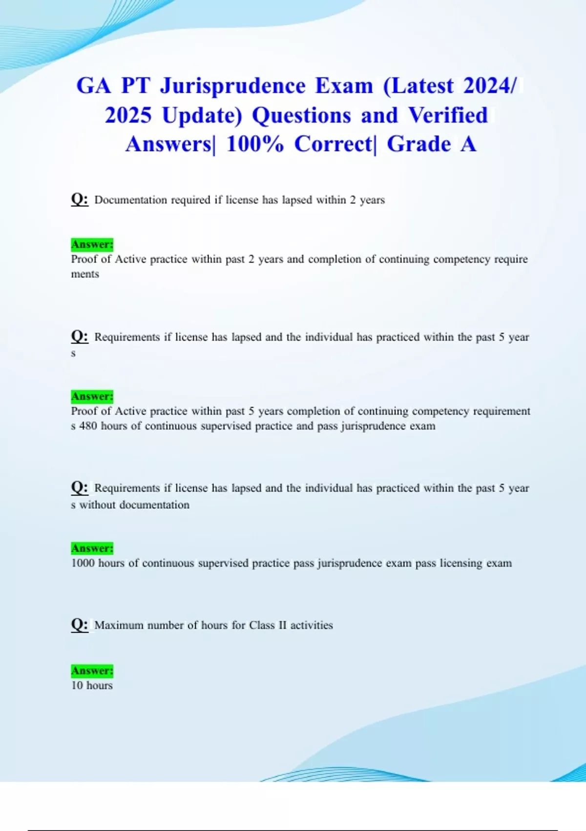 GA PT Jurisprudence Exam (Latest 2024/ 2025 Update) Questions and ...