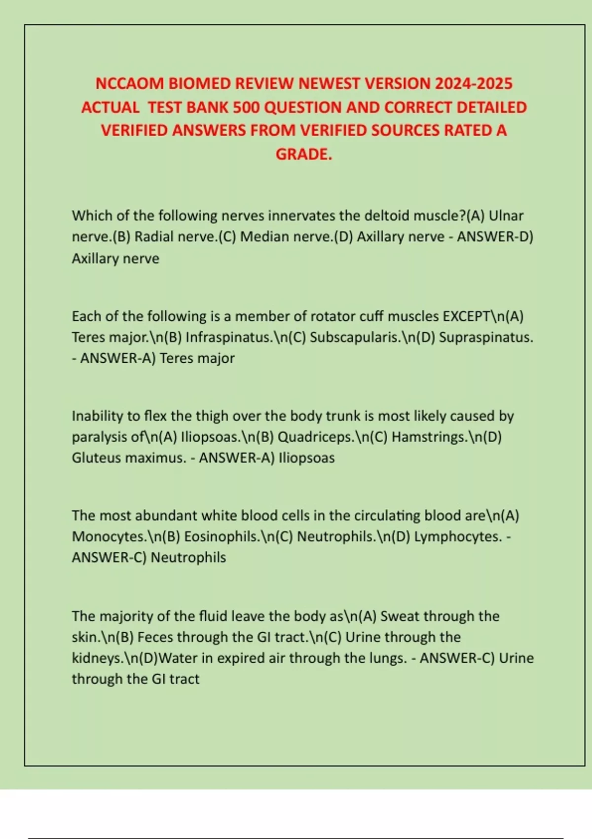NCCAOM BIOMED 3 DIFFERENT VESION WITH ACTUAL QUESTION AND CORRECT ...