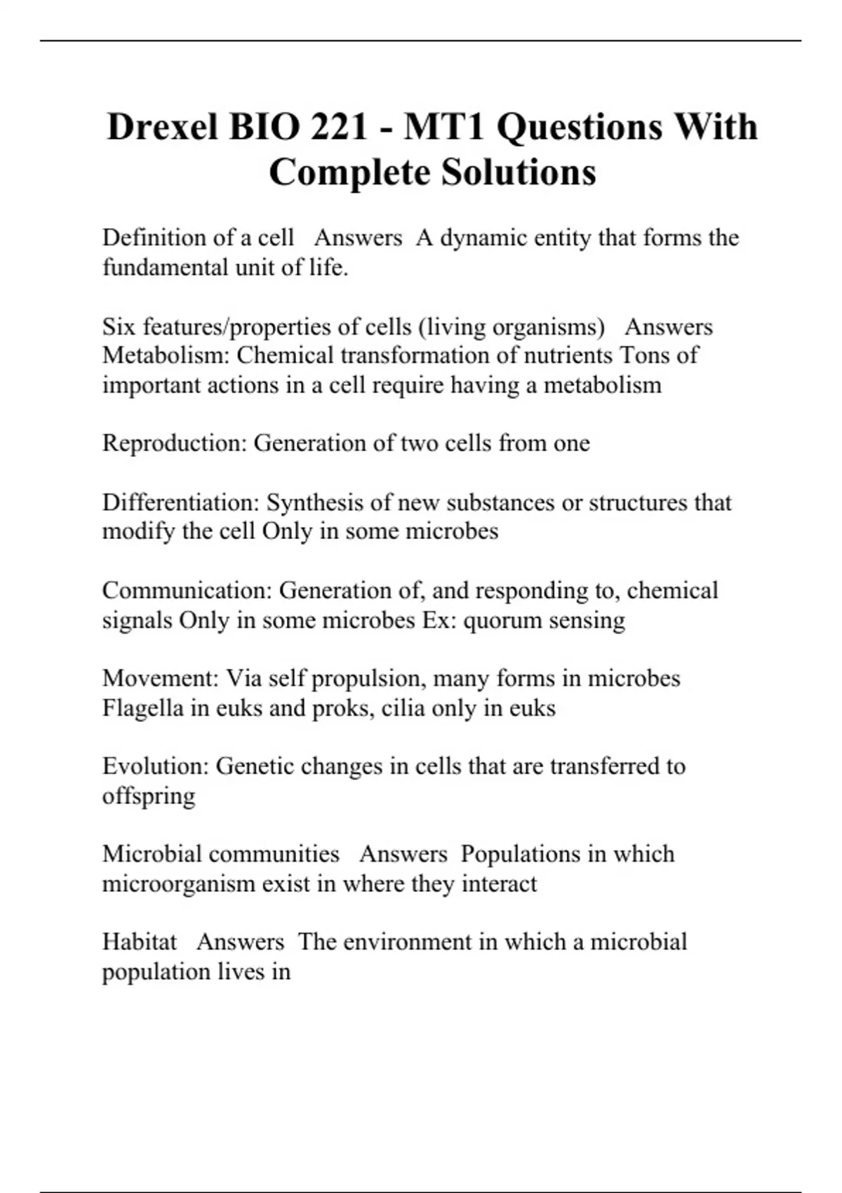 Drexel BIO 221 - MT1 Questions With Complete Solutions - BIO 221 - Stuvia US