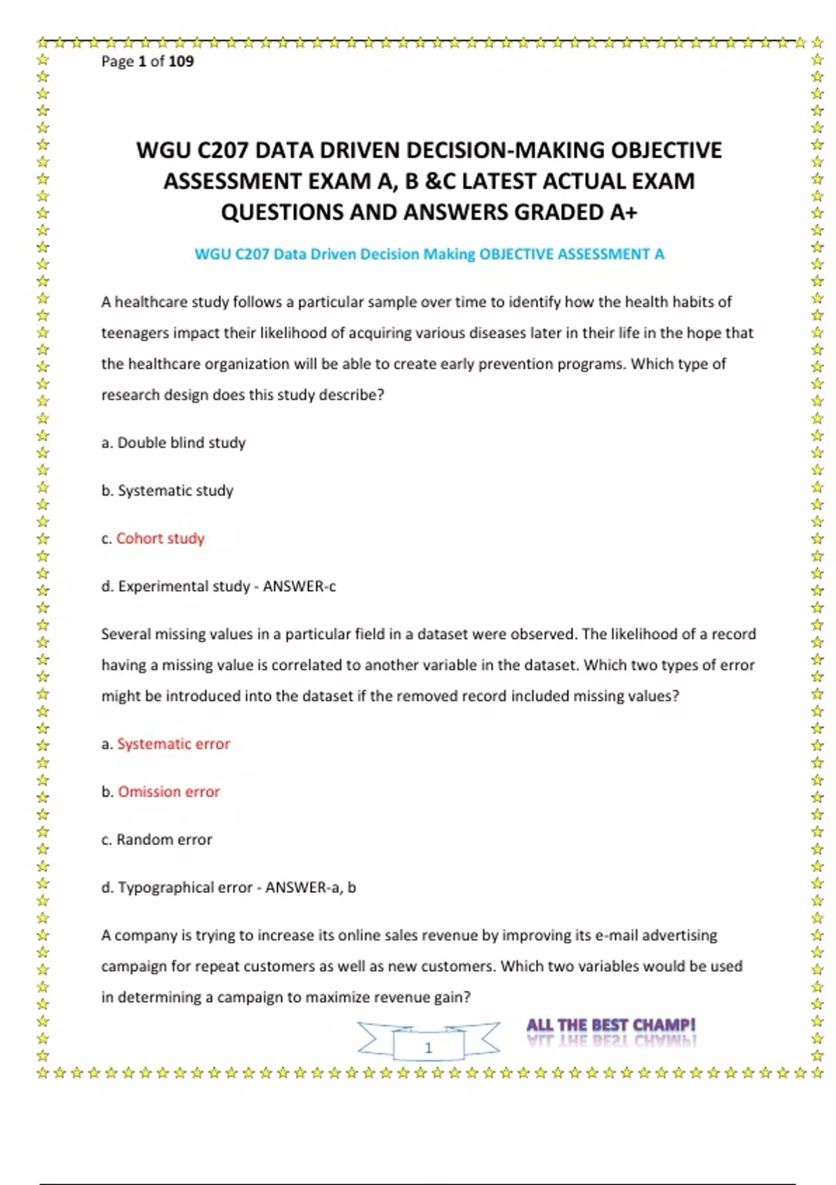 WGU C207 DATA DRIVEN DECISION-MAKING OBJECTIVE ASSESSMENT EXAM A, B &C ...