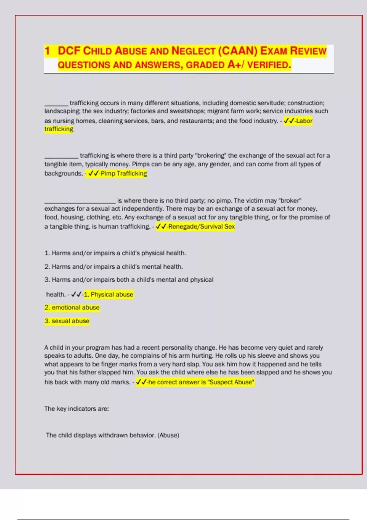 DCF CHILD ABUSE AND NEGLECT (CAAN) EXAM REVIEW QUESTIONS AND ANSWERS ...