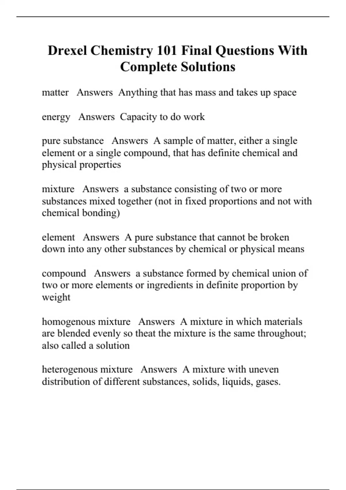 Drexel Chemistry 101 Final Questions With Complete Solutions ...
