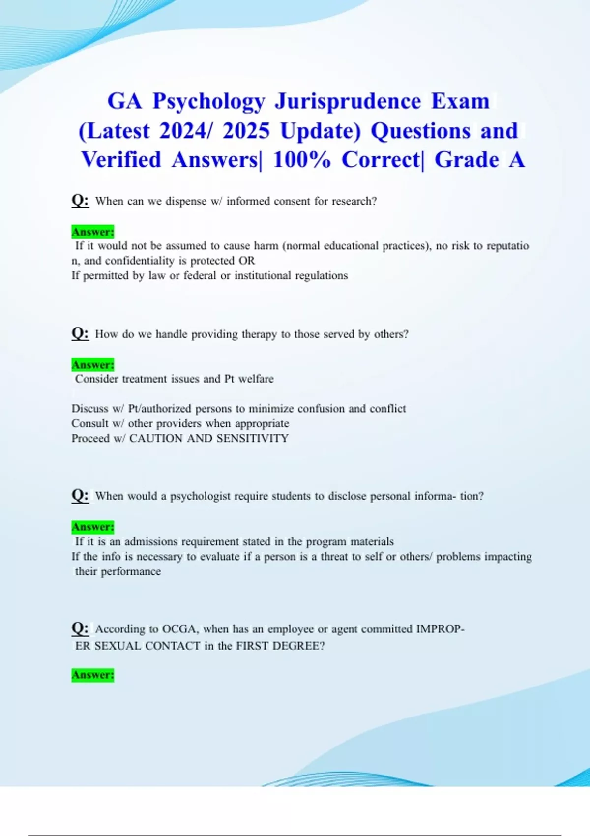 GA Psychology Jurisprudence Exam (Latest 2024/ 2025 Update) Questions ...