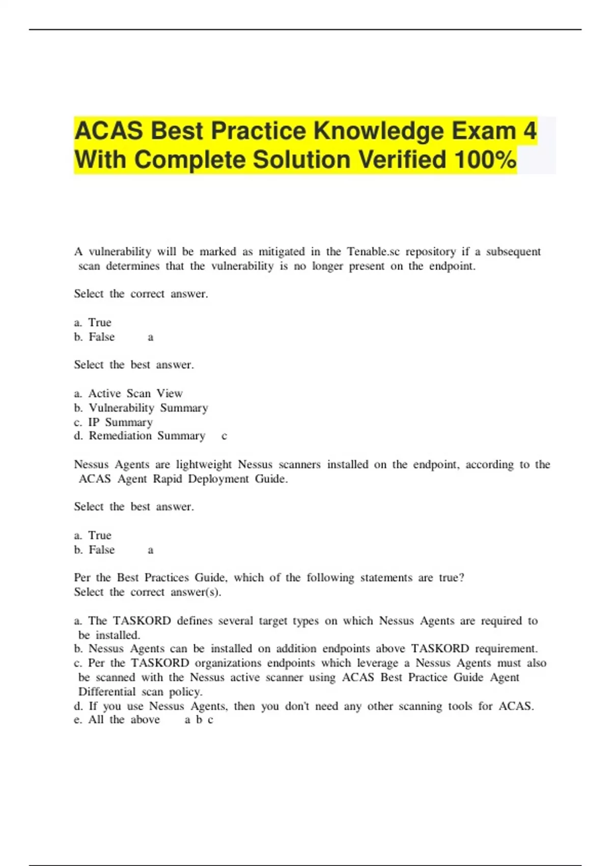 ACAS Best Practice Knowledge Exam 4 With Complete Solution Verified 100% - ACAS - Stuvia US