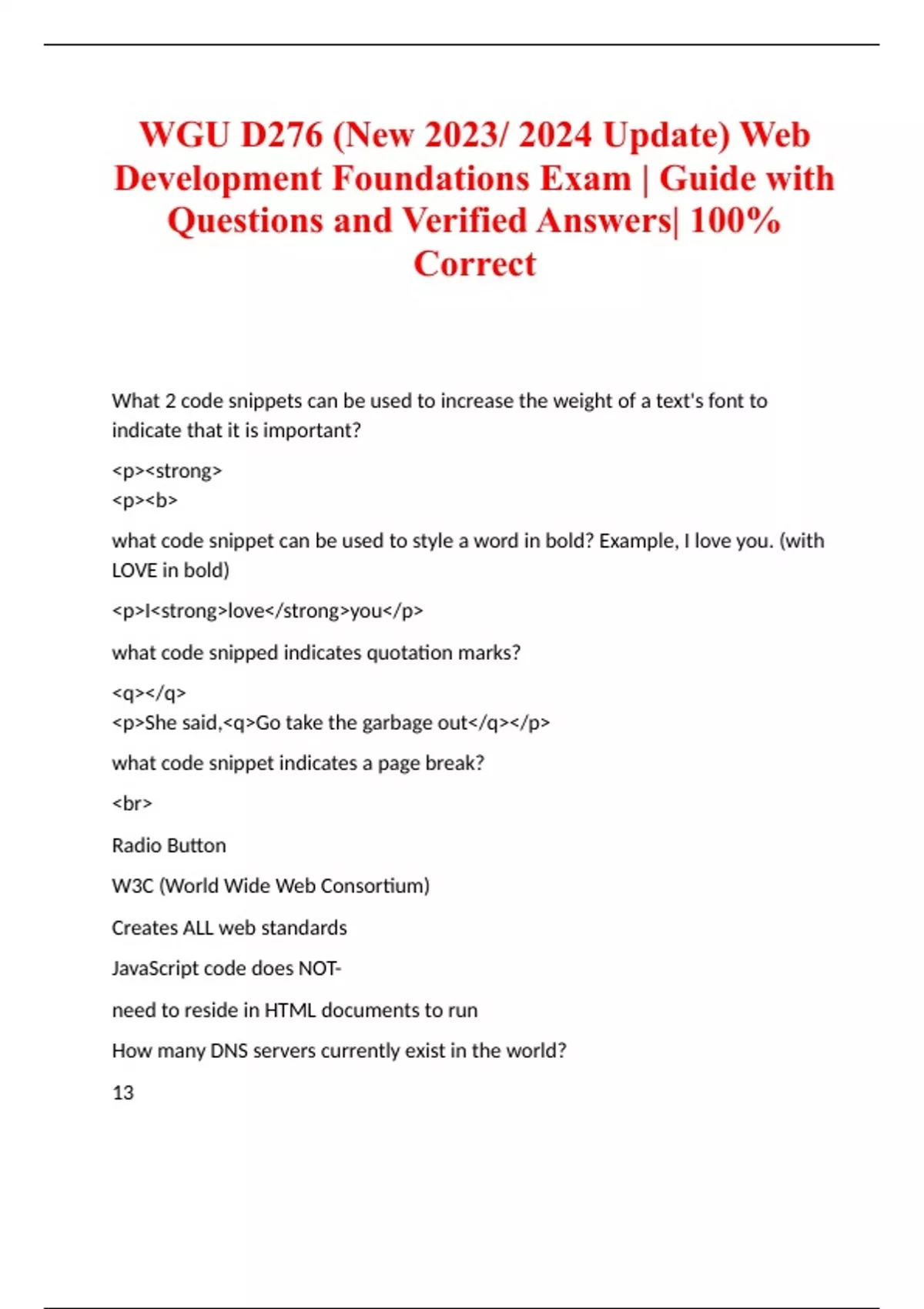 WGU D276 (New 2024/ 2025 Update) Web Development Foundations Exam | Guide with Questions and ...