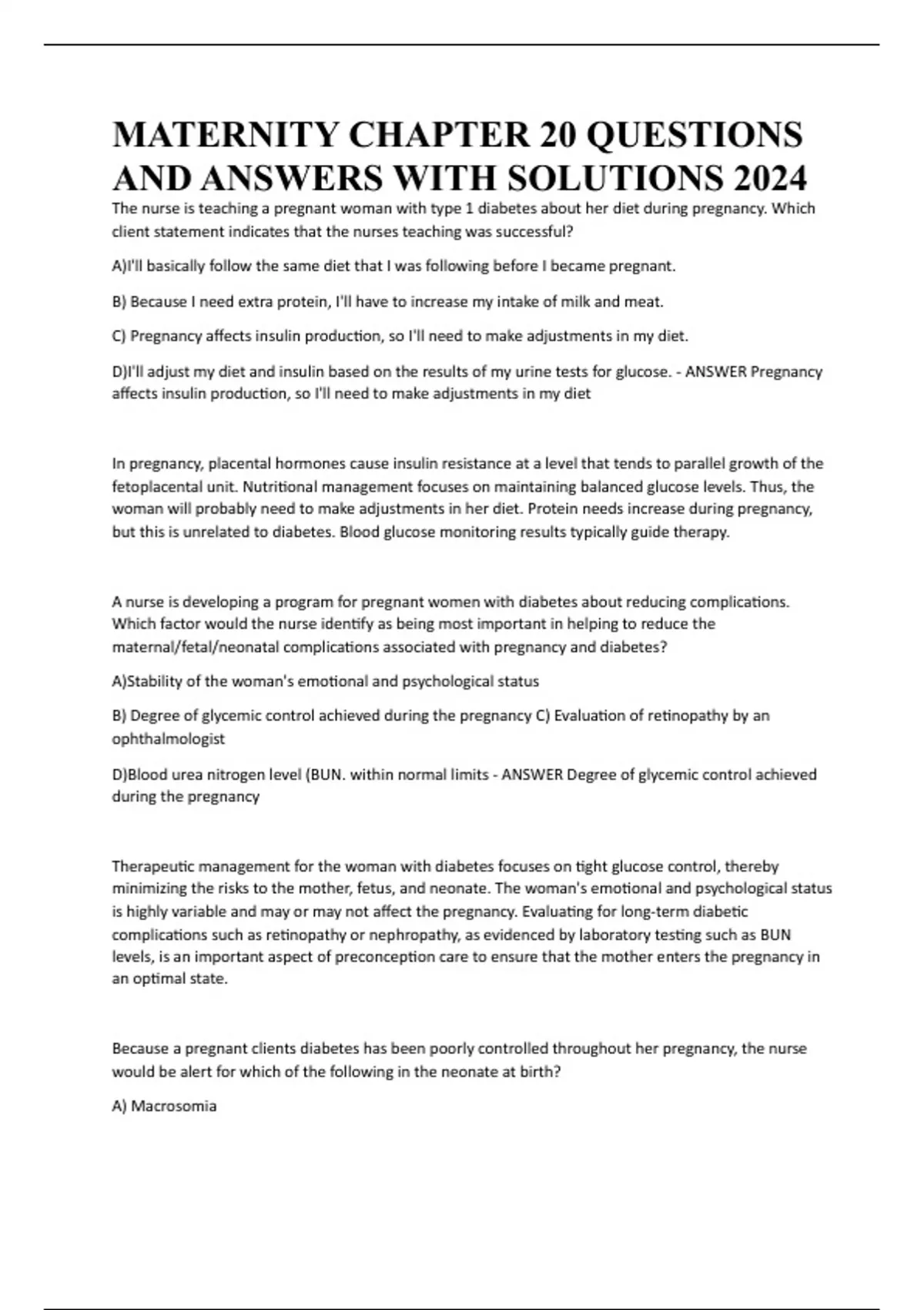 MATERNITY CHAPTER 20 QUESTIONS AND ANSWERS WITH SOLUTIONS 2024 - Maternity - Stuvia US