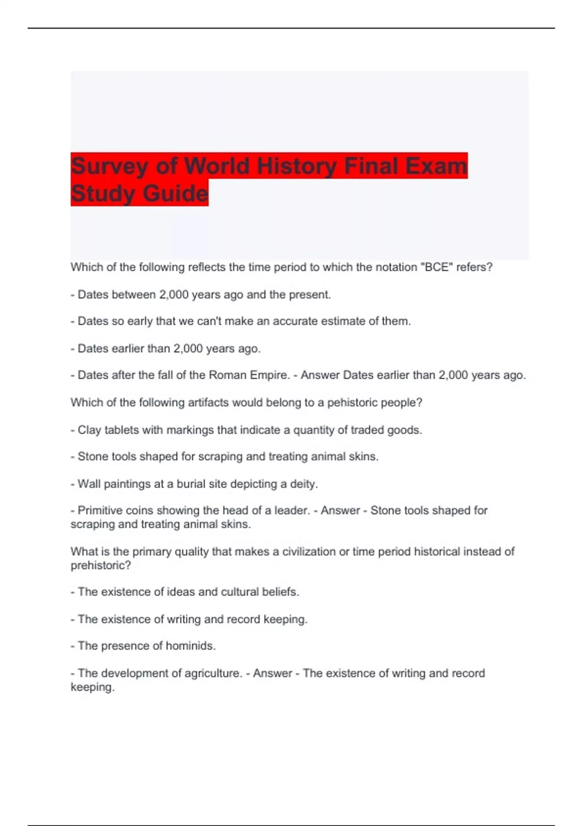 Survey of World History Final Exam Study Guide 2024 with complete ...