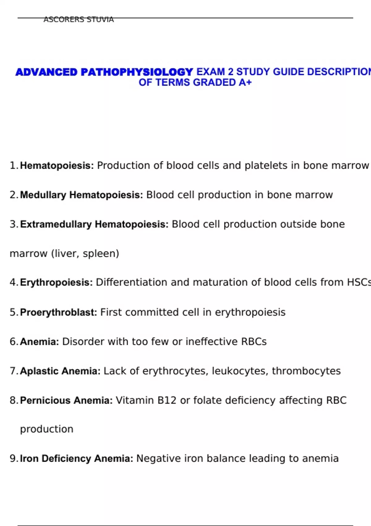ADVANCED PATHOPHYSIOLOGY EXAM 2 STUDY GUIDE DESCRIPTION OF TERMS GRADED ...