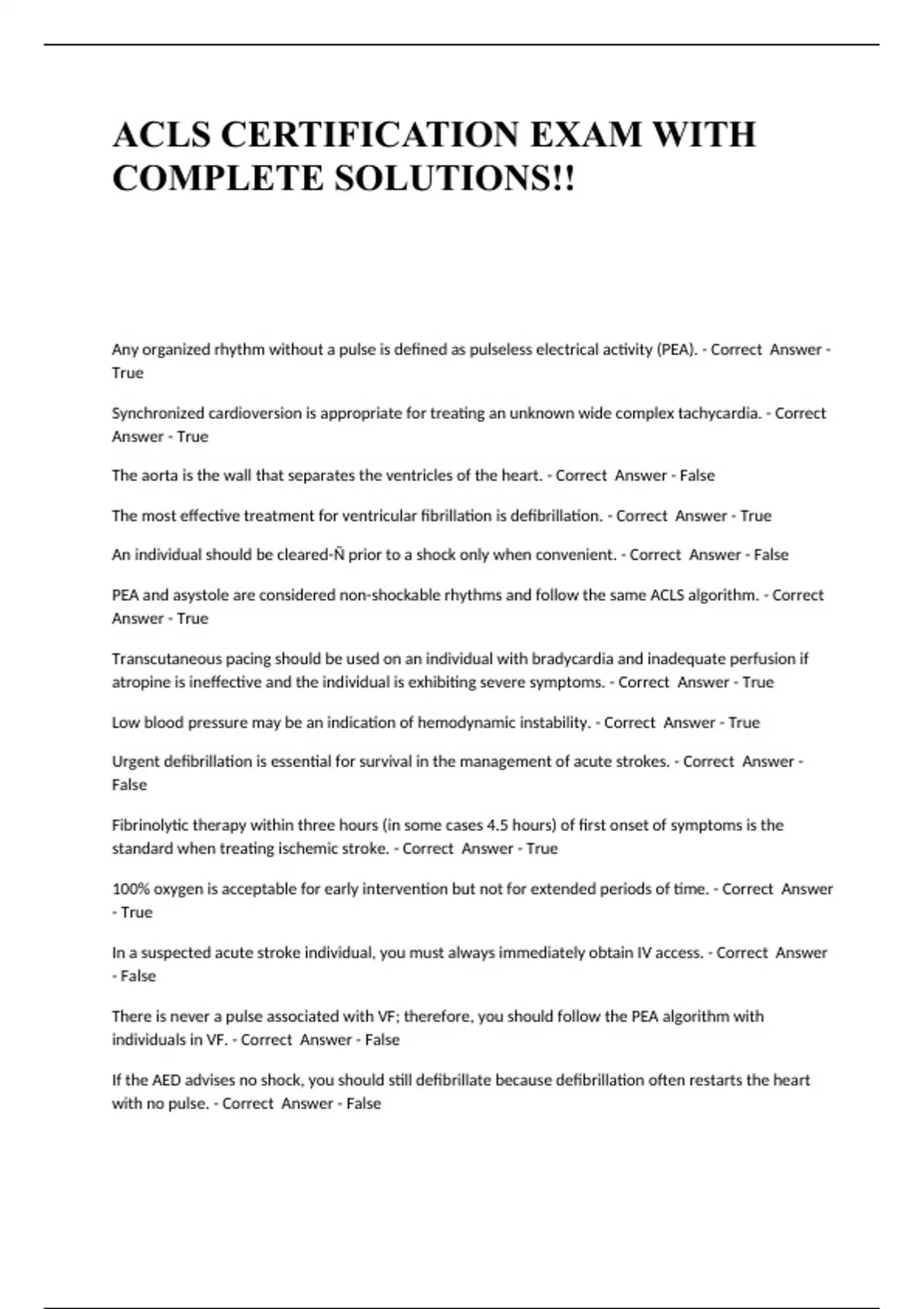 ACLS Certification Exam WITH COMPLETE SOLUTIONS - ACLS ~ - Stuvia US