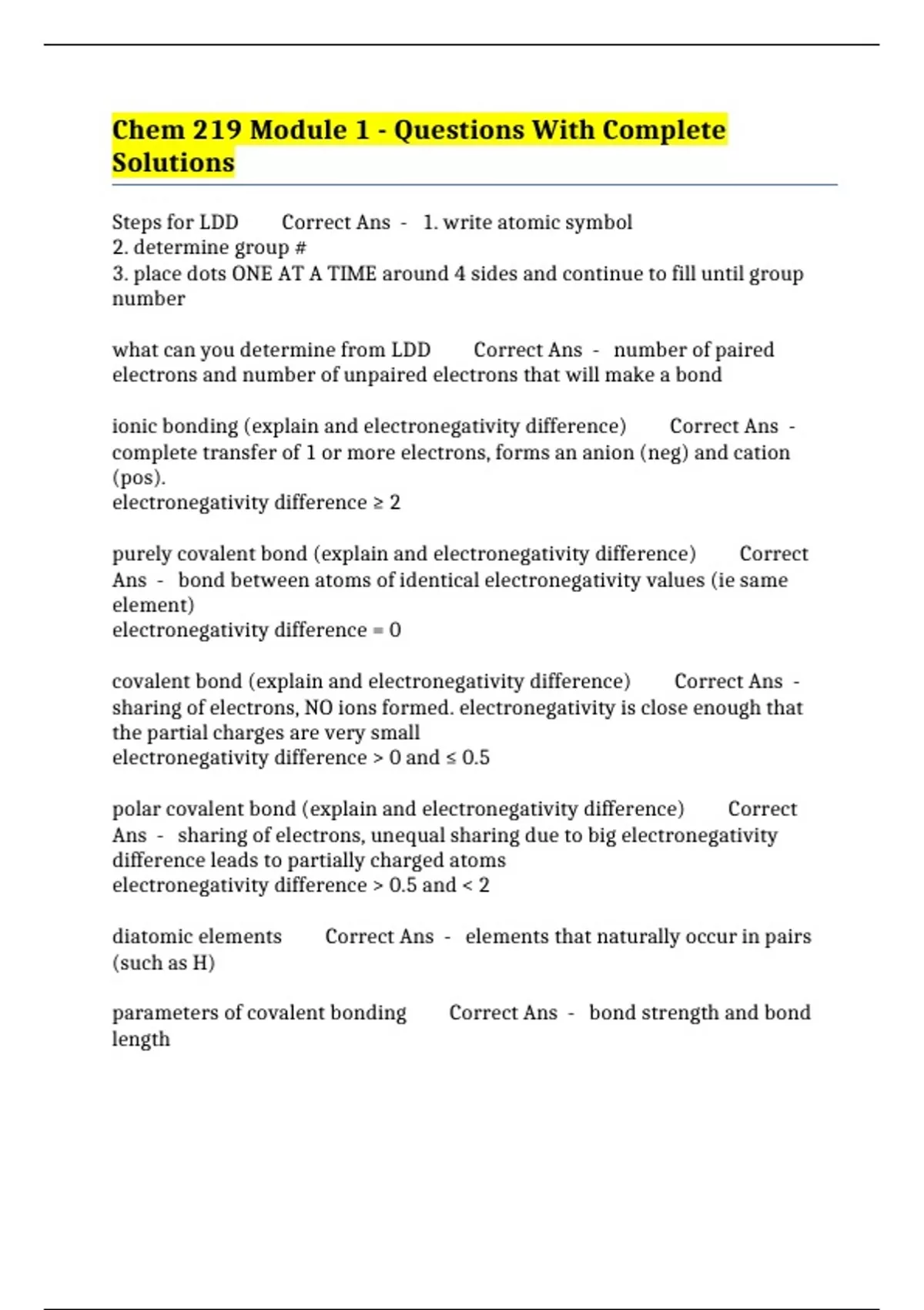 Chem 219 Module 1 - Questions With Complete Solutions - CHEM 219 - Stuvia US