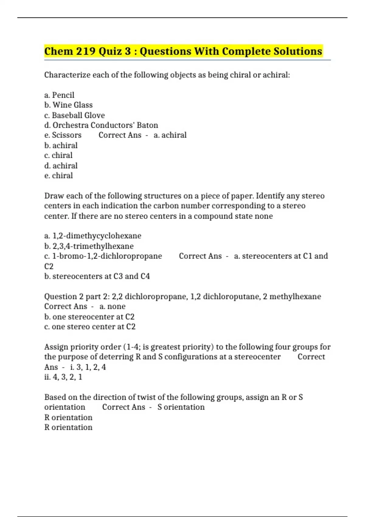 Chem 219 Quiz 3 : Questions With Complete Solutions - CHEM 219 - Stuvia US