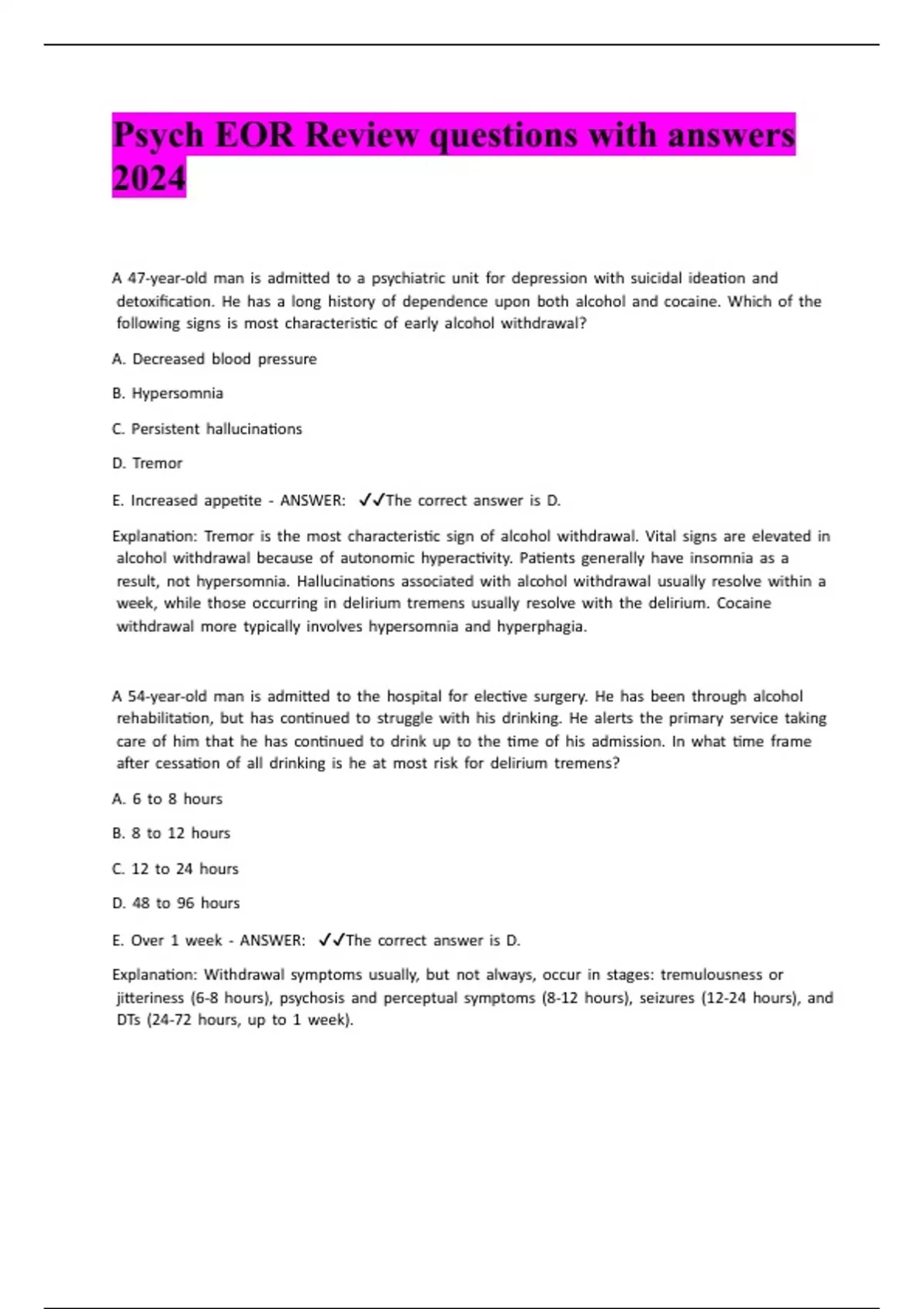 Psych EOR Review questions with answers 2024 - Psych EOR - Stuvia US