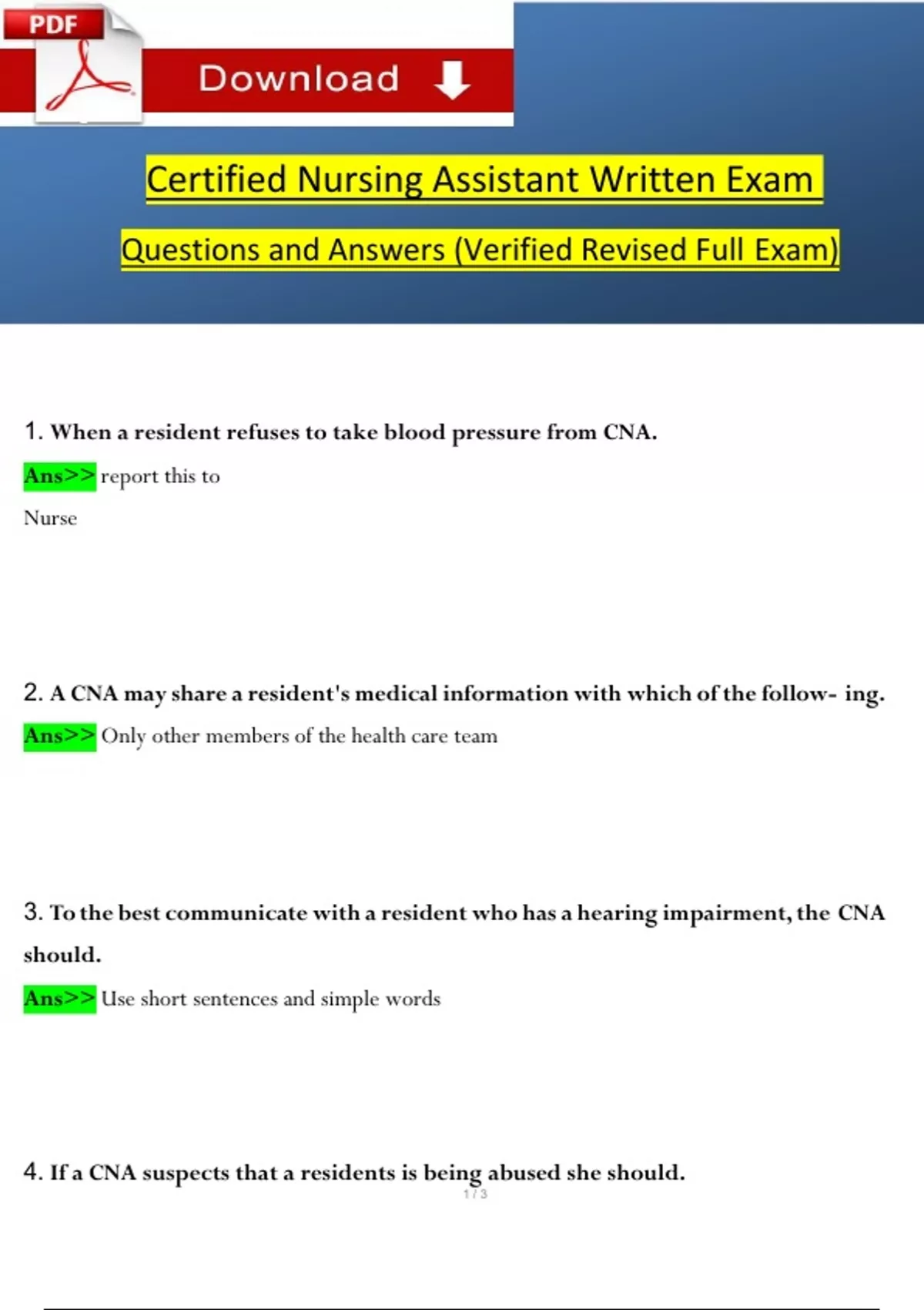 Certified Nursing Assistant - CNA Written Exam (2024 / 2025) Expected ...