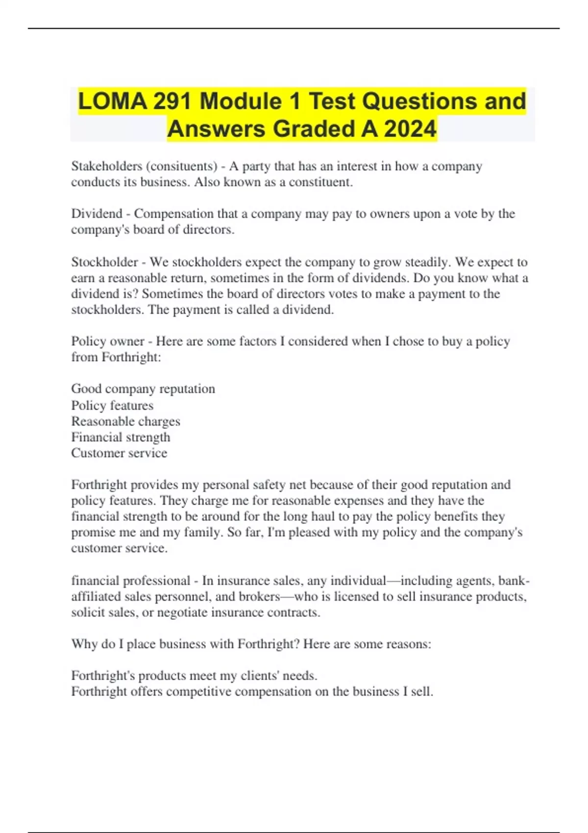 LOMA 291 Module 1 Test Questions and Answers Graded A 2024 - LOMA ...
