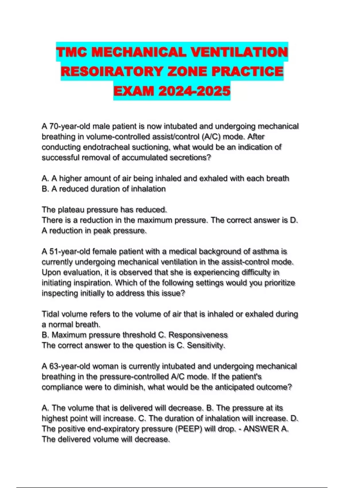 TMC MECHANICAL VENTILATION RESOIRATORY ZONE PRACTICE EXAM - TMC ...