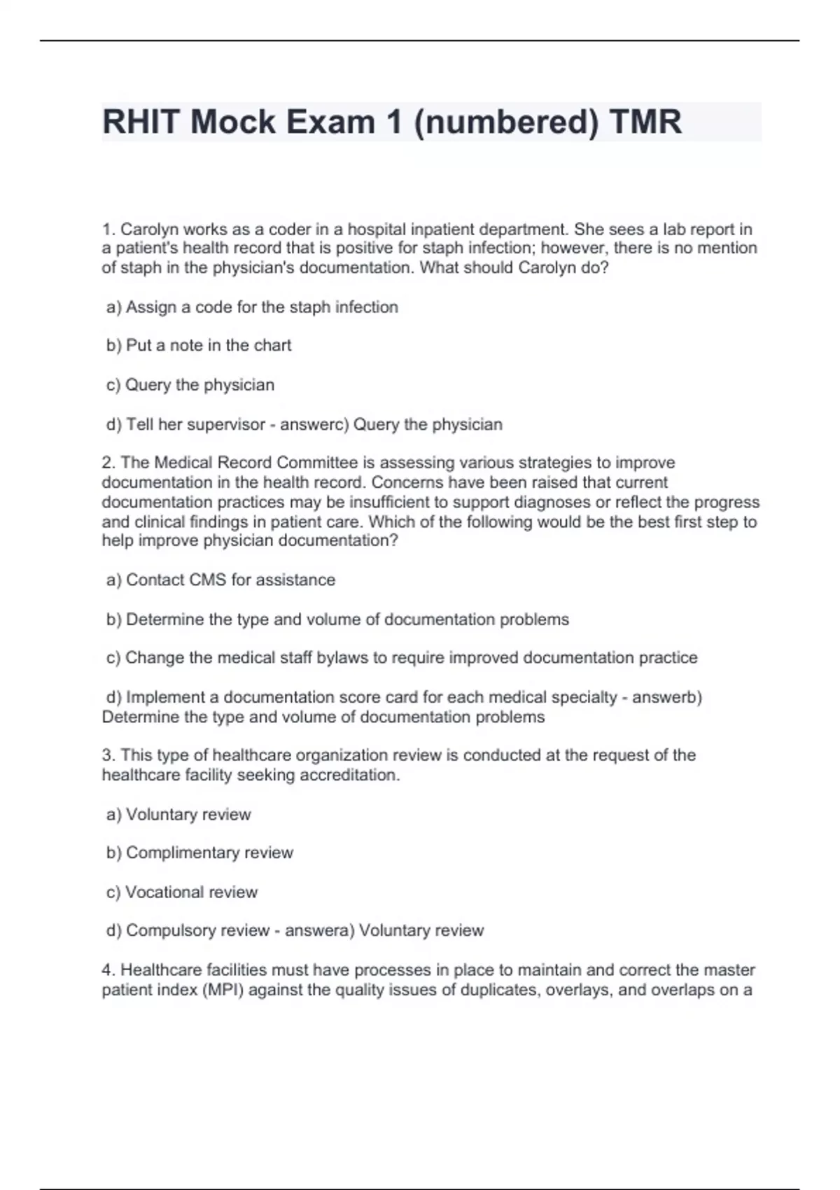 RHIT Mock Exam 1 (numbered) TMR Questions with correct Answers 2024 - WGU D033 - Stuvia US