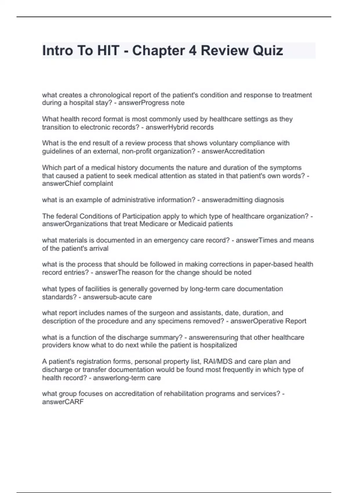 Intro To HIT - Chapter 4 Review Quiz Questions with Accurate Answers ...