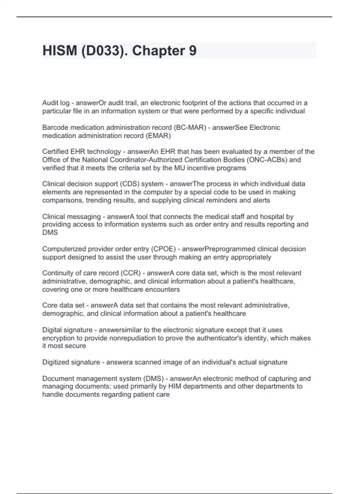 HISM (D033). Chapter 9, Questions with correct Answers - WGU D033 - Stuvia US