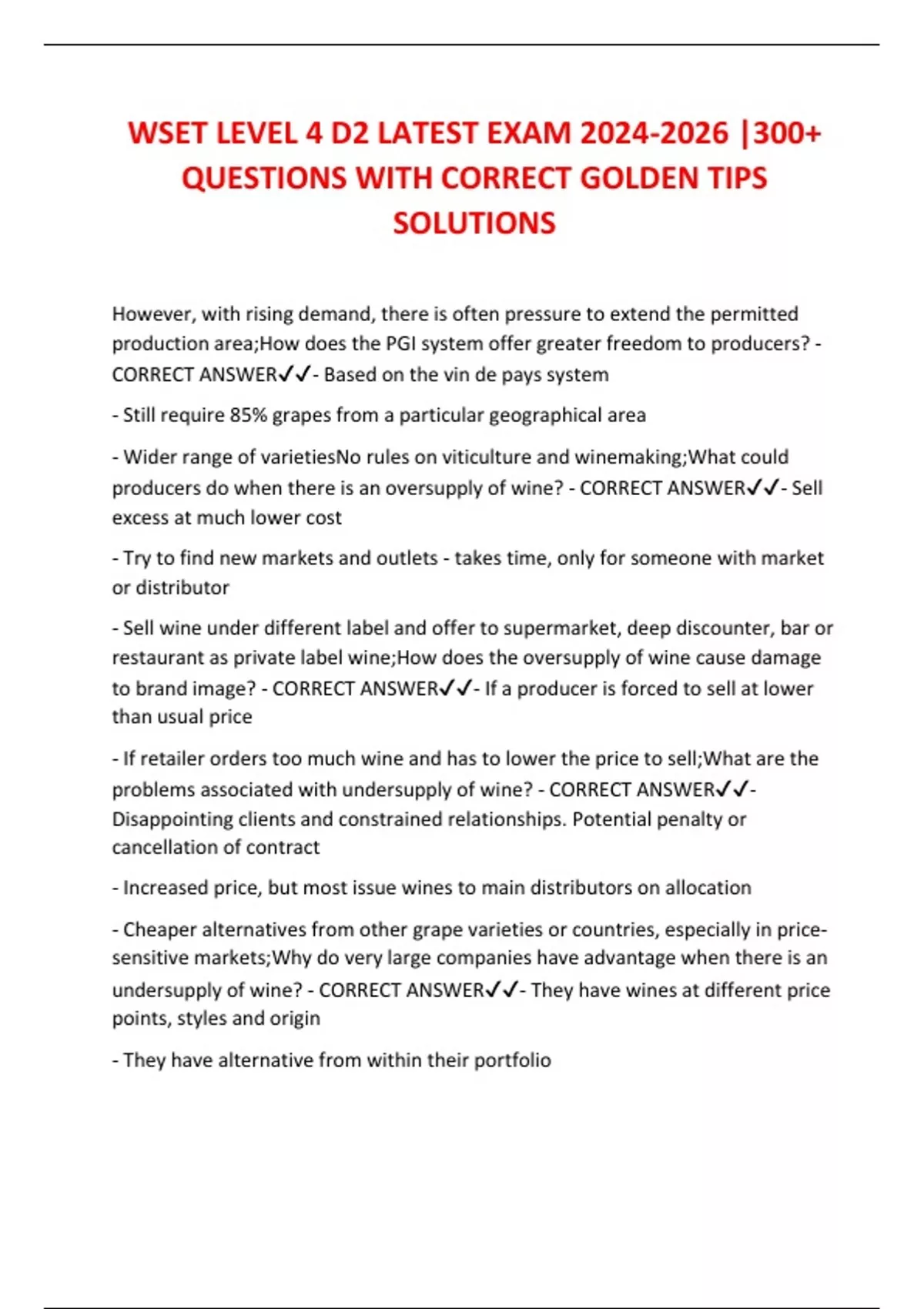 WSET LEVEL 4 D2 LATEST EXAM |300+ QUESTIONS WITH CORRECT GOLDEN TIPS ...