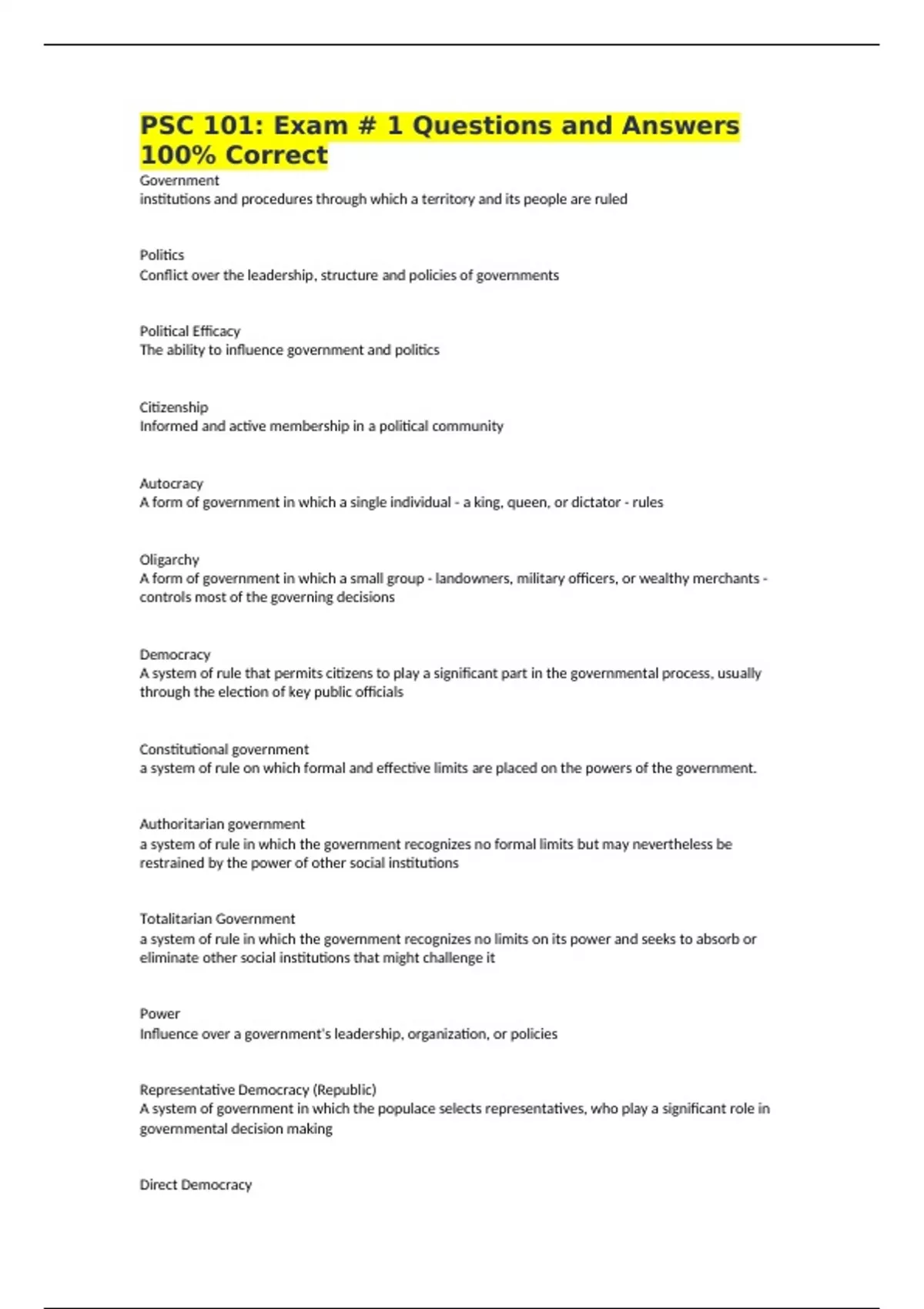 PSC 101: Exam # 1 Questions and Answers 100% Correct - PSC 101 - Stuvia US