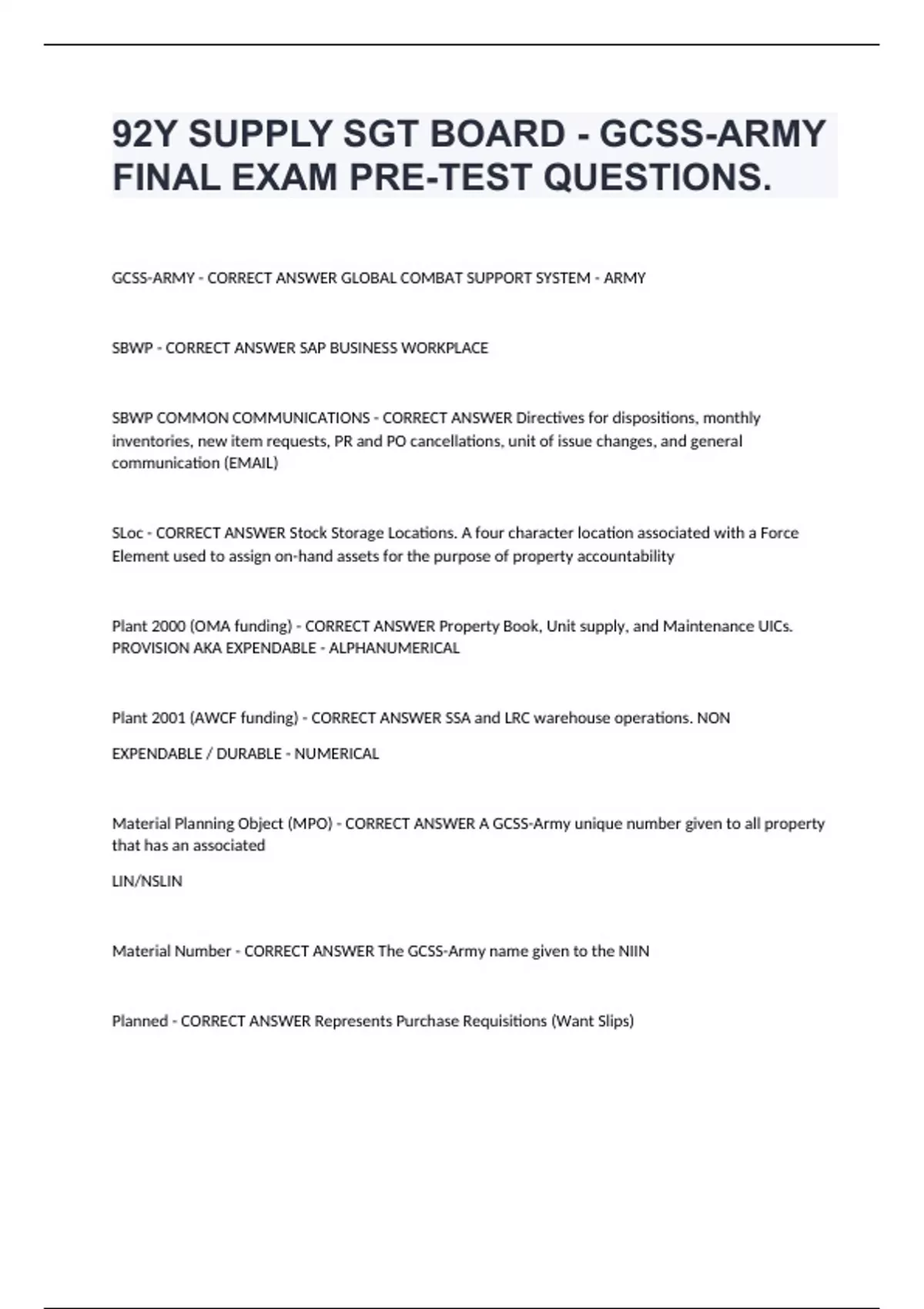92Y SUPPLY SGT BOARD - GCSS-ARMY FINAL EXAM PRE-TEST QUESTIONS. - Sgt ...