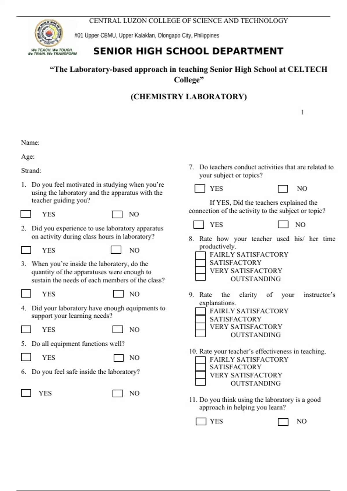 Survey Questionnaire to Assess Effectiveness of Chemistry Laboratory ...