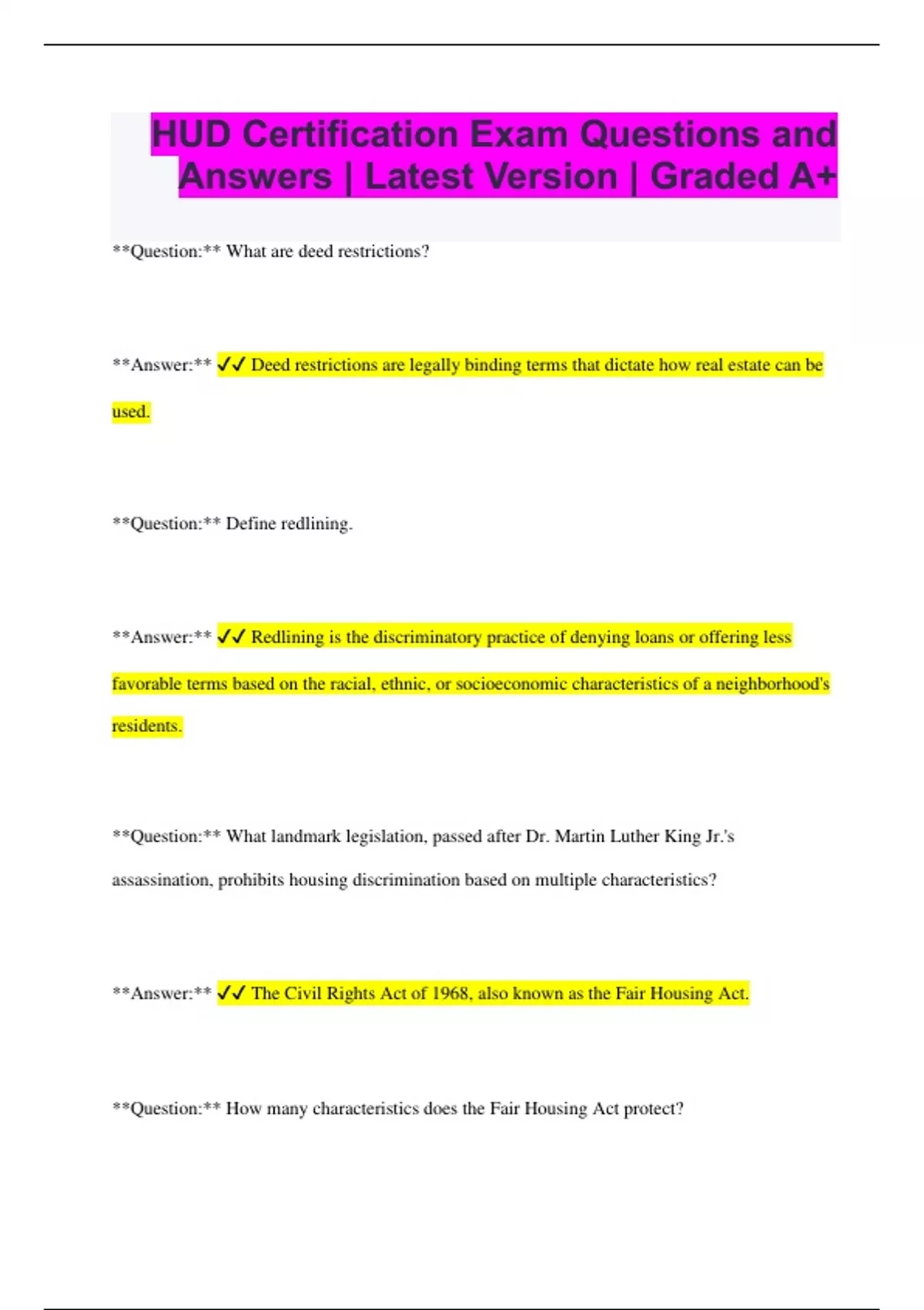 HUD Certification Questions and Answers | Latest Version | 2025/2026 ...