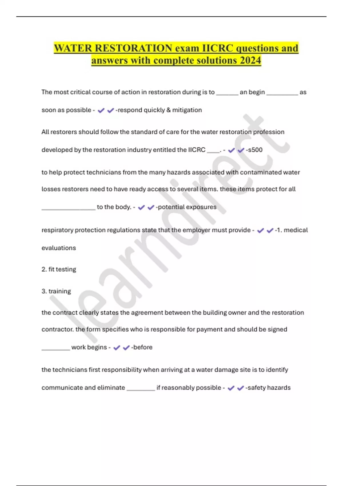 WATER RESTORATION exam IICRC questions and answers with complete ...