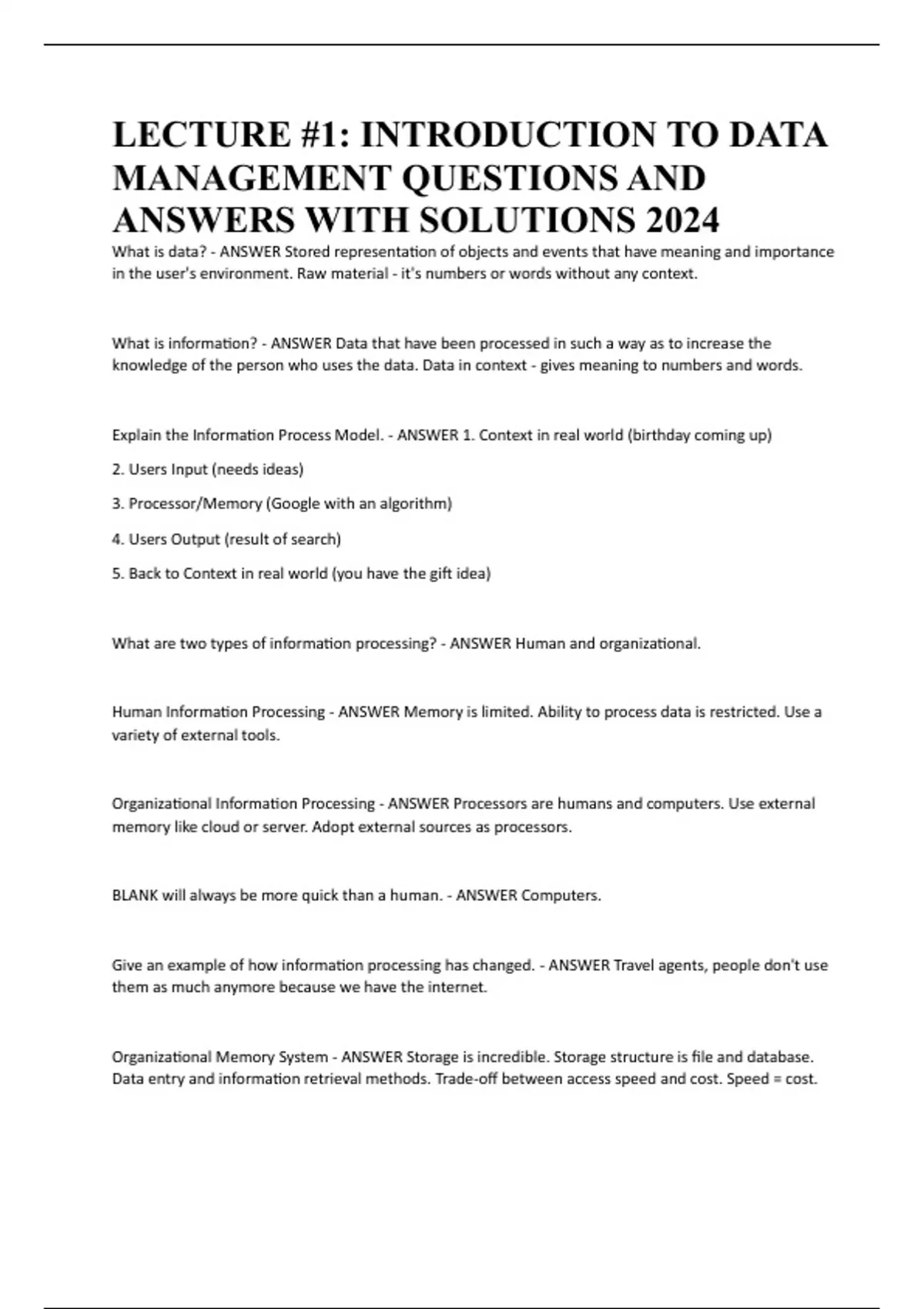 LECTURE #1: INTRODUCTION TO DATA MANAGEMENT QUESTIONS AND ANSWERS WITH SOLUTIONS 2024 - Data ...