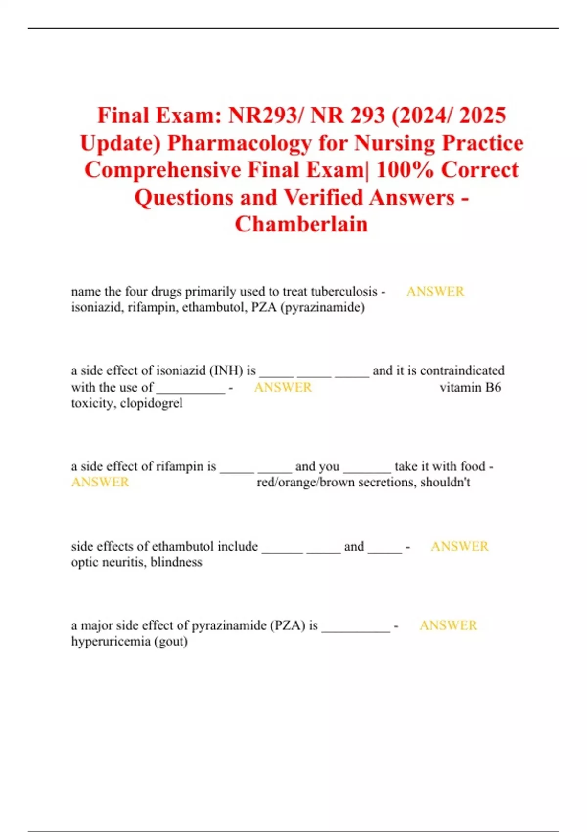 Final Exam: NR293/ NR 293 (2024/ 2025 Update) Pharmacology for Nursing ...