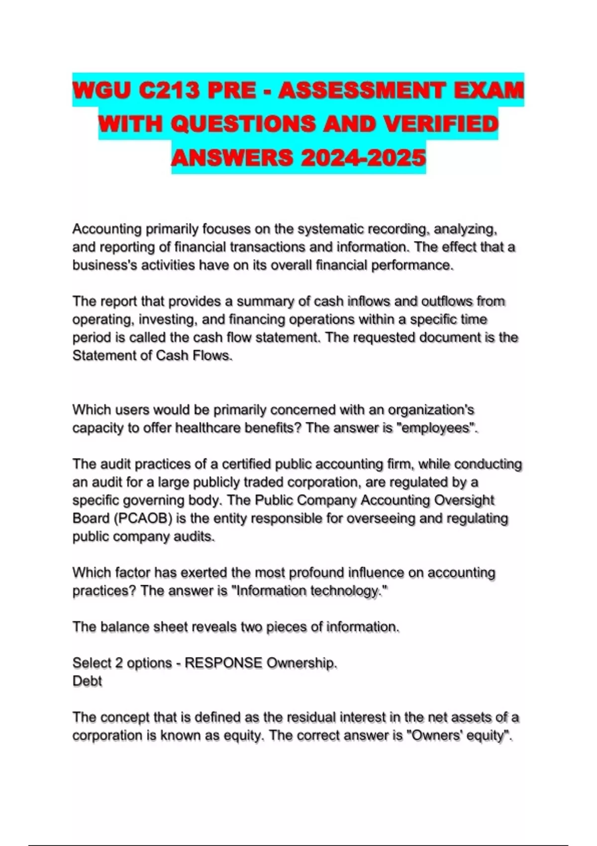 WGU C213 PRE - ASSESSMENT EXAM WITH QUESTIONS AND VERIFIED ANSWERS ...