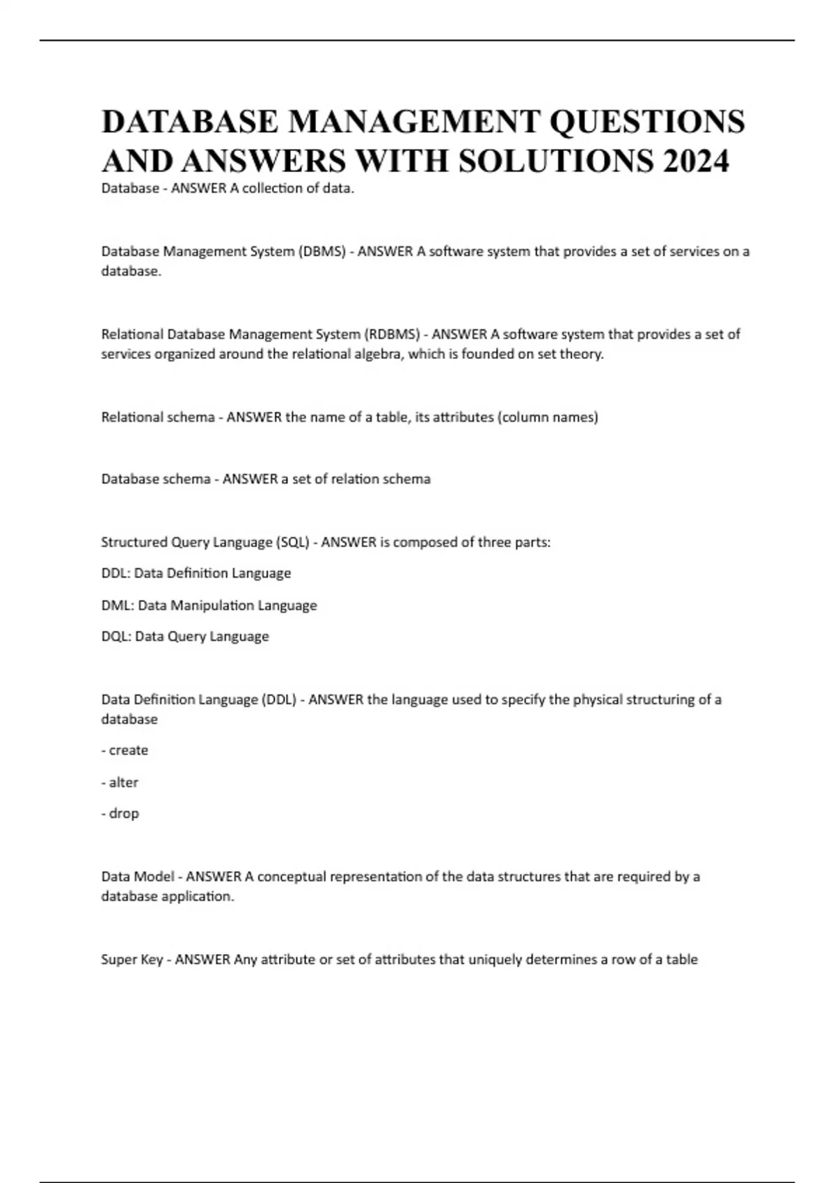 DATABASE MANAGEMENT QUESTIONS AND ANSWERS WITH SOLUTIONS 2024 - Data management - Stuvia US