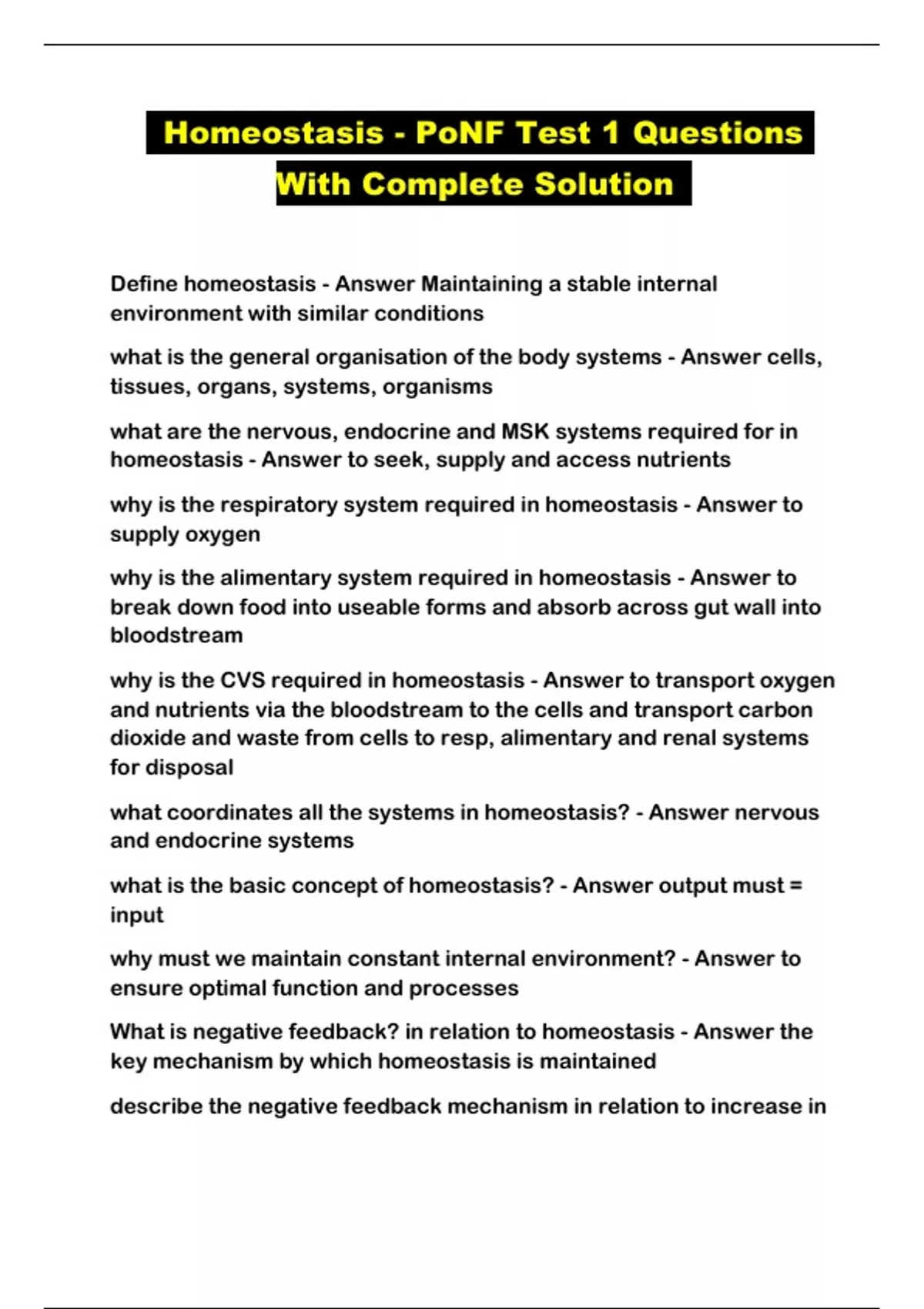Homeostasis - PoNF Test 1 Questions With Complete Solution ...