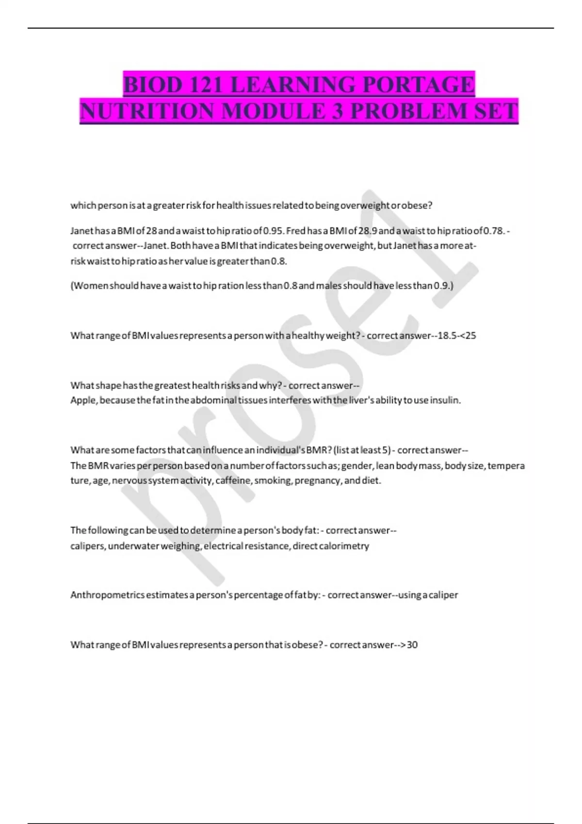 BIOD 121 LEARNING PORTAGE NUTRITION MODULE 3 PROBLEM SET - BIOD 121 ...