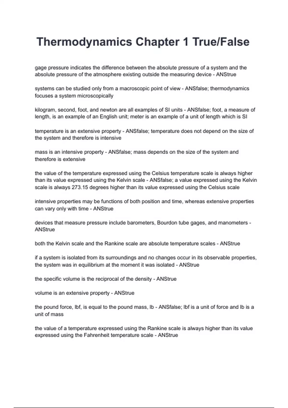 Thermodynamics Chapter 1 True/False questions and answers A+ score assured 2024/2025 - Lecture 4 ...