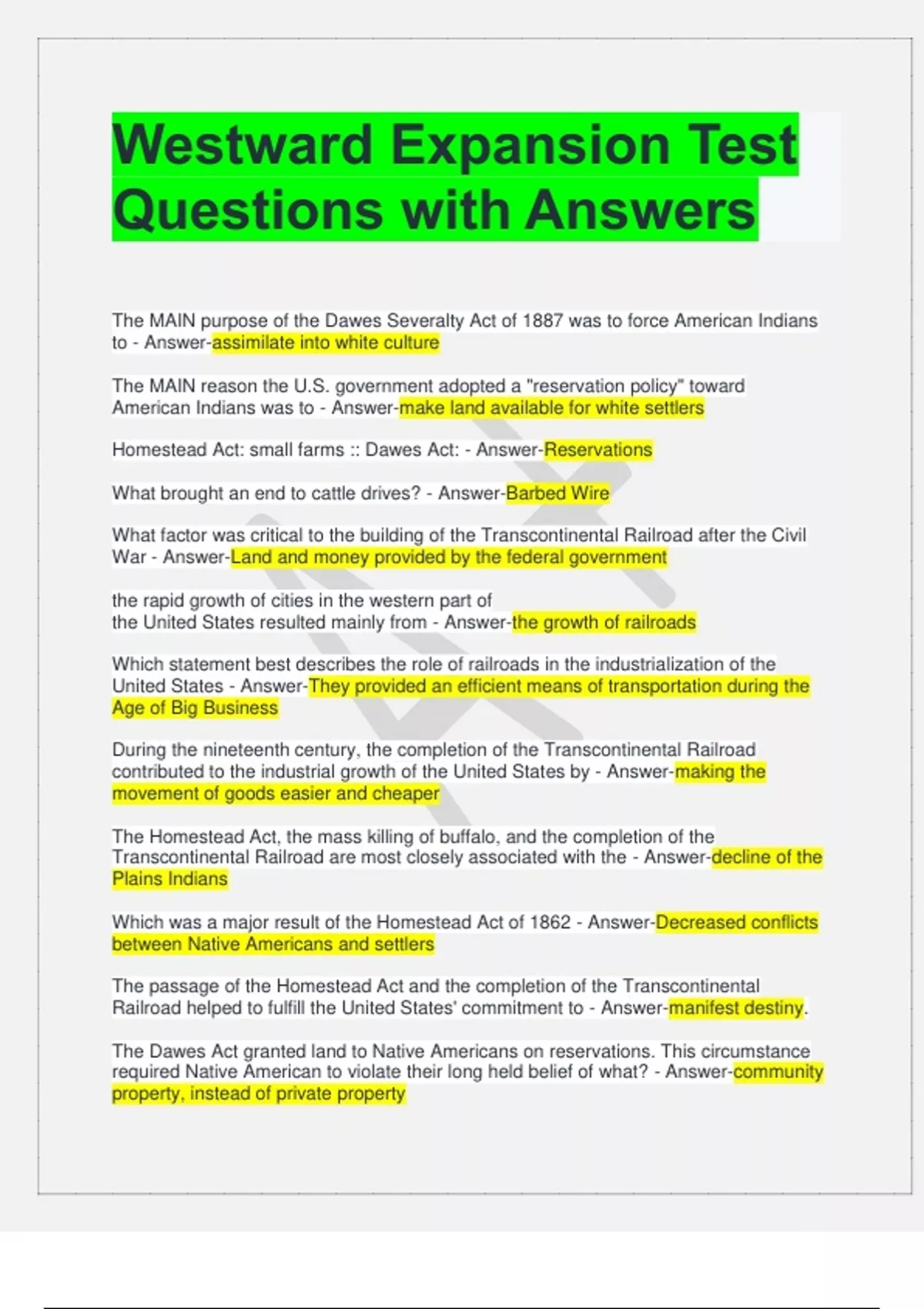 Westward Expansion Test Questions with Answers - Westward Expansion ...